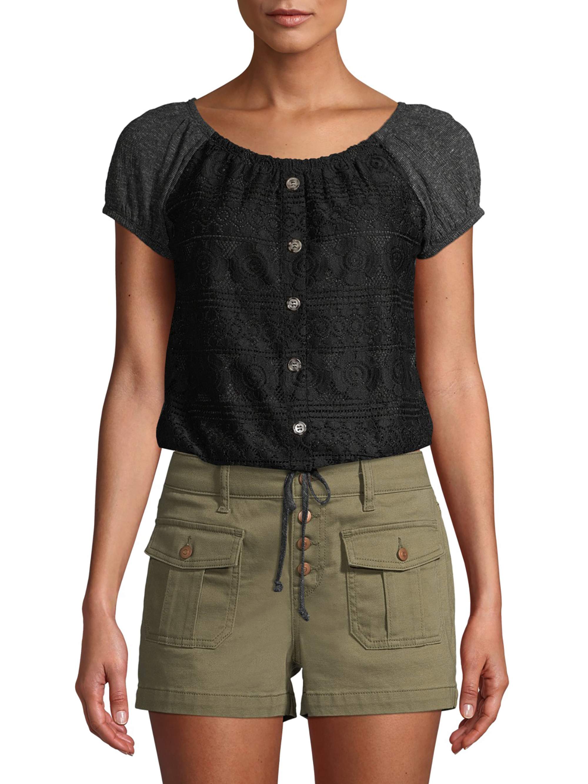 No Boundaries Juniors' Cinched Button Tie Front Top - Walmart.com