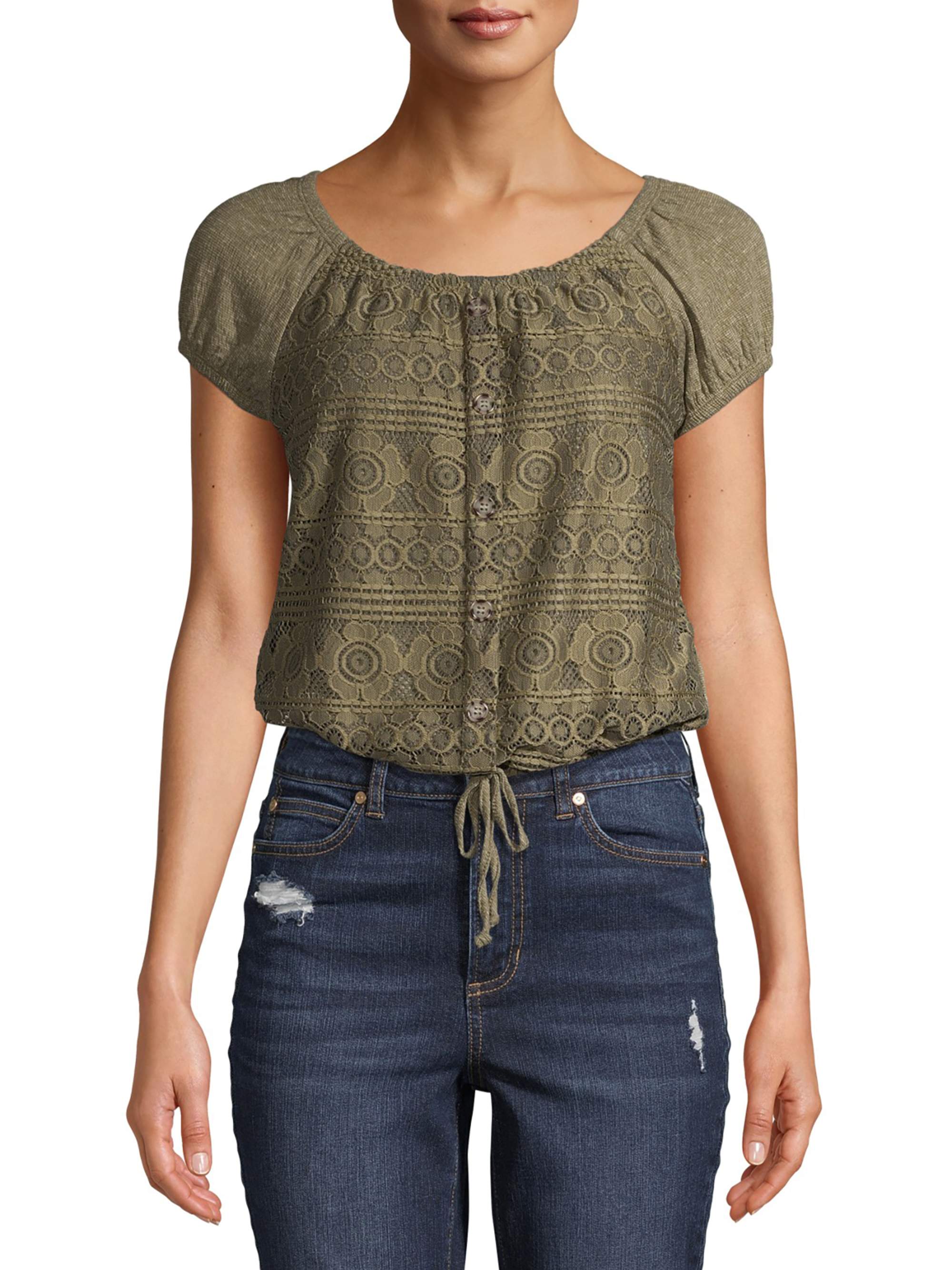 No Boundaries Juniors' Cinched Button Tie Front Top - Walmart.com
