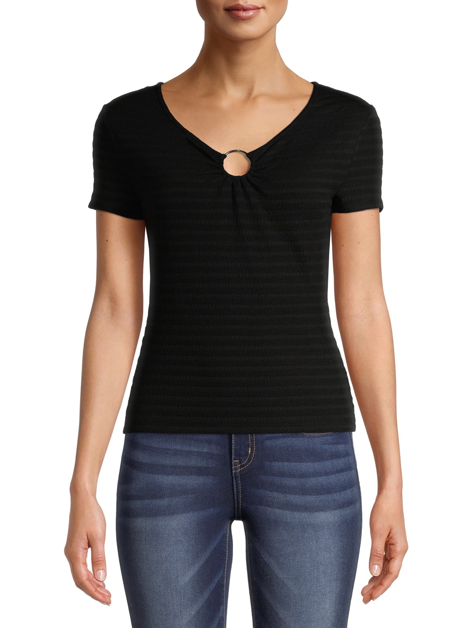 No Boundaries Juniors' Cinched V-Neck Ring Top - Walmart.com