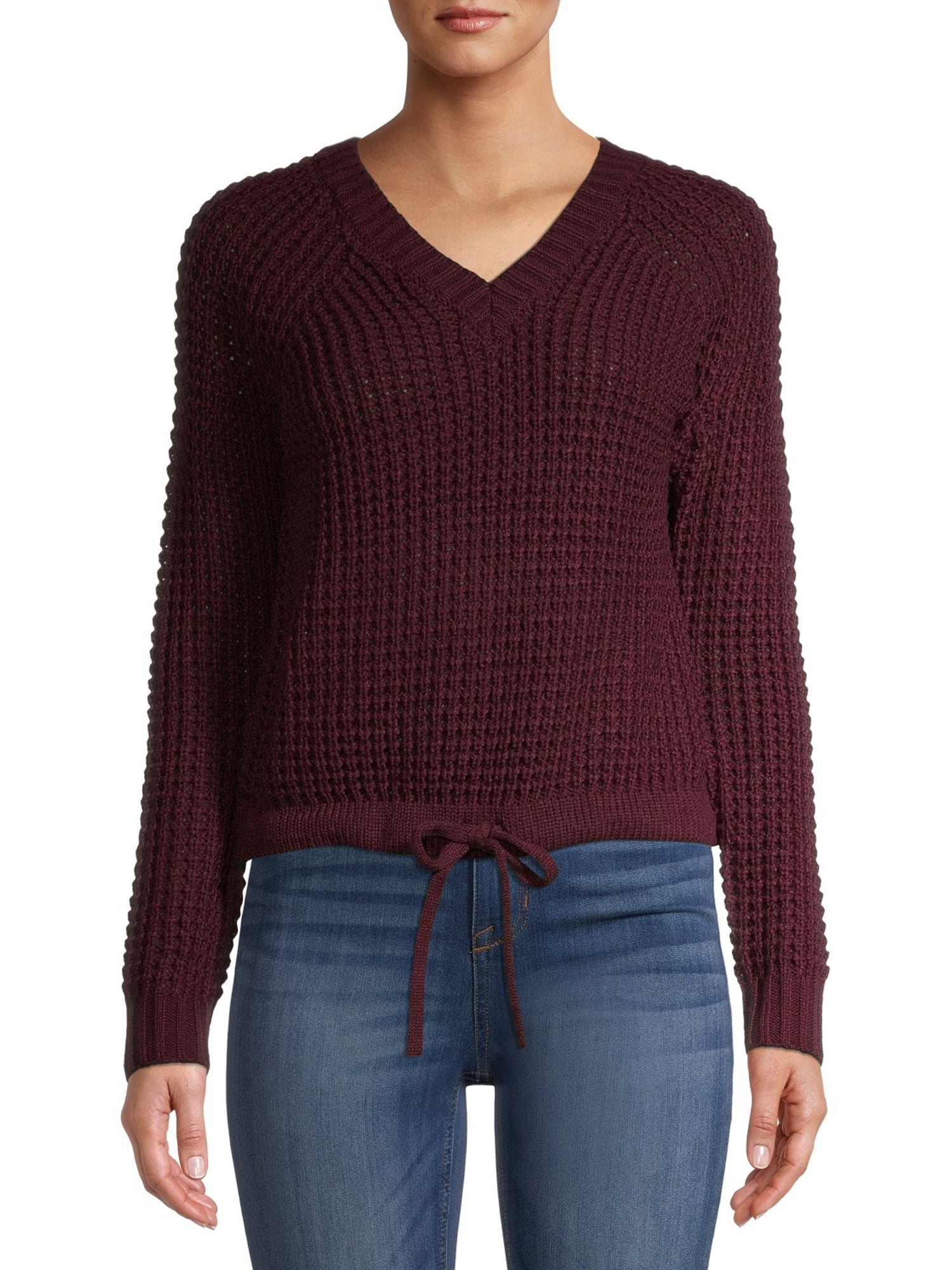 No Boundaries Juniors' Cinched Waist V-Neck Sweater - Walmart.com