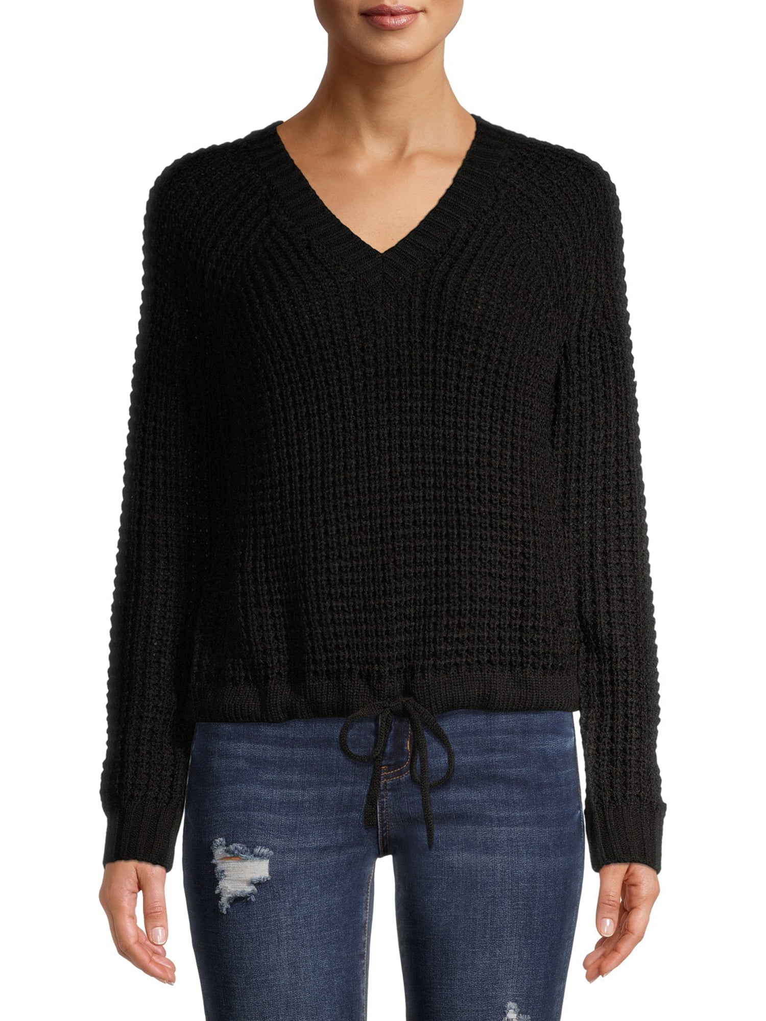 No Boundaries Juniors' Cinched Waist V-Neck Sweater - Walmart.com