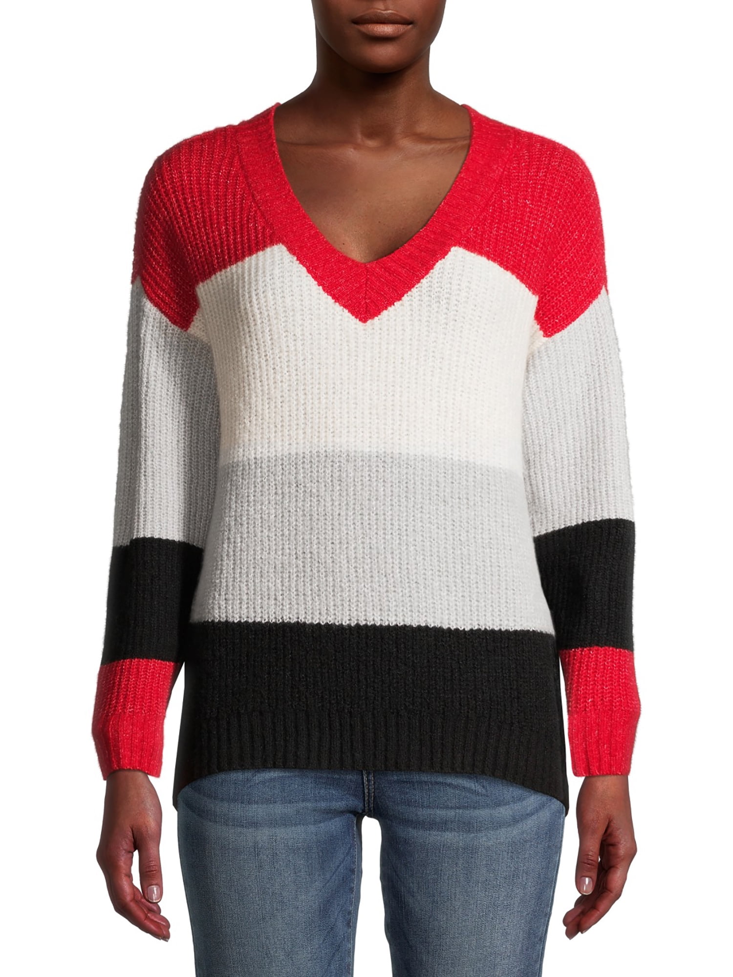 No Boundaries Colorblocked Sweater - V-Neck Pullover - Walmart.com
