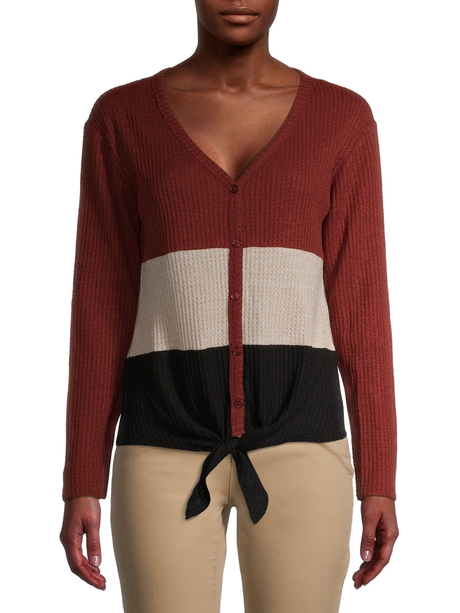 No Boundaries Juniors' Colorblocked Tie Front Brushed Waffle Top ...