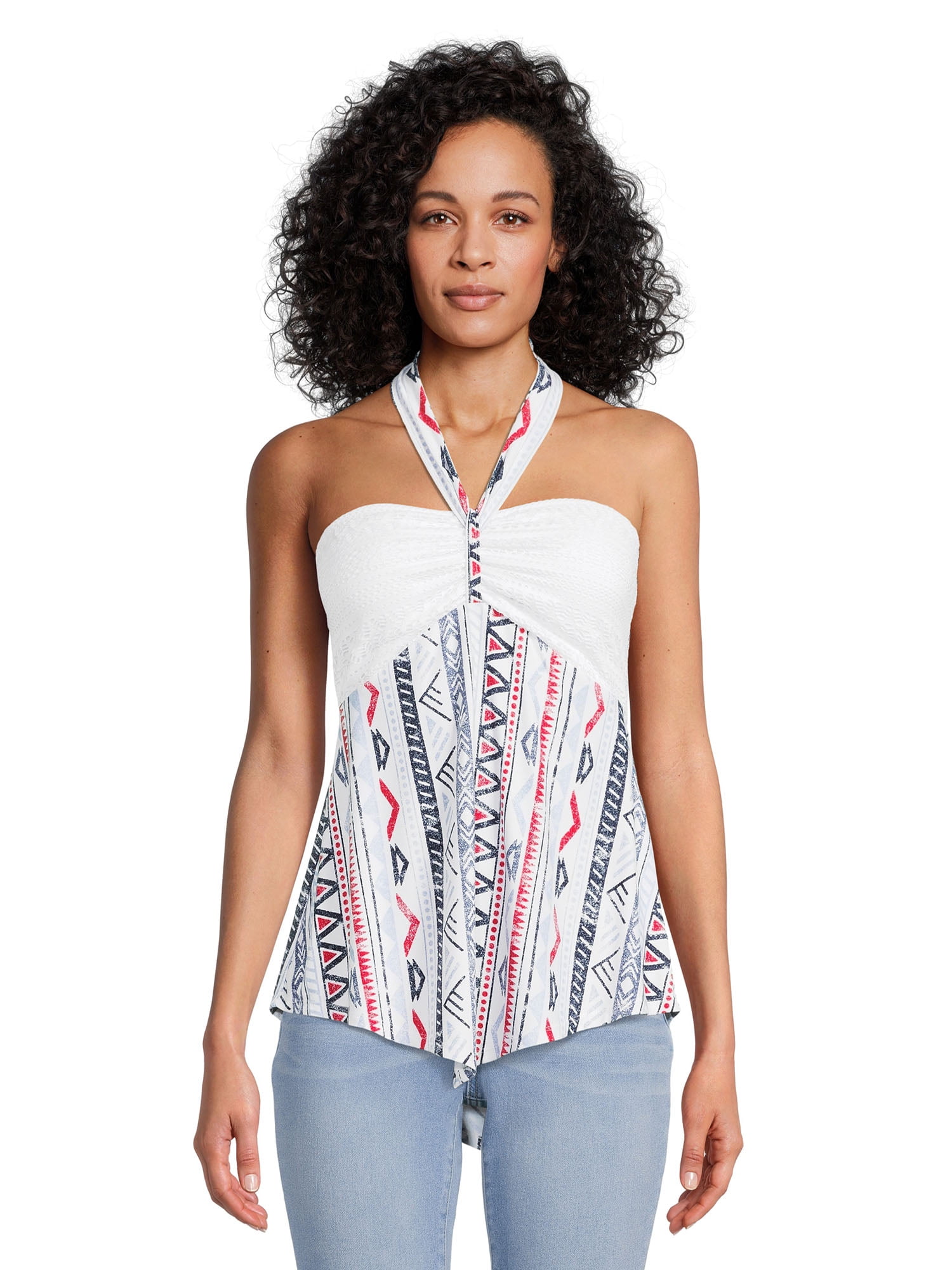 No Boundaries Juniors Crochet Trim Halter Top with Hanky Hem - Walmart.com
