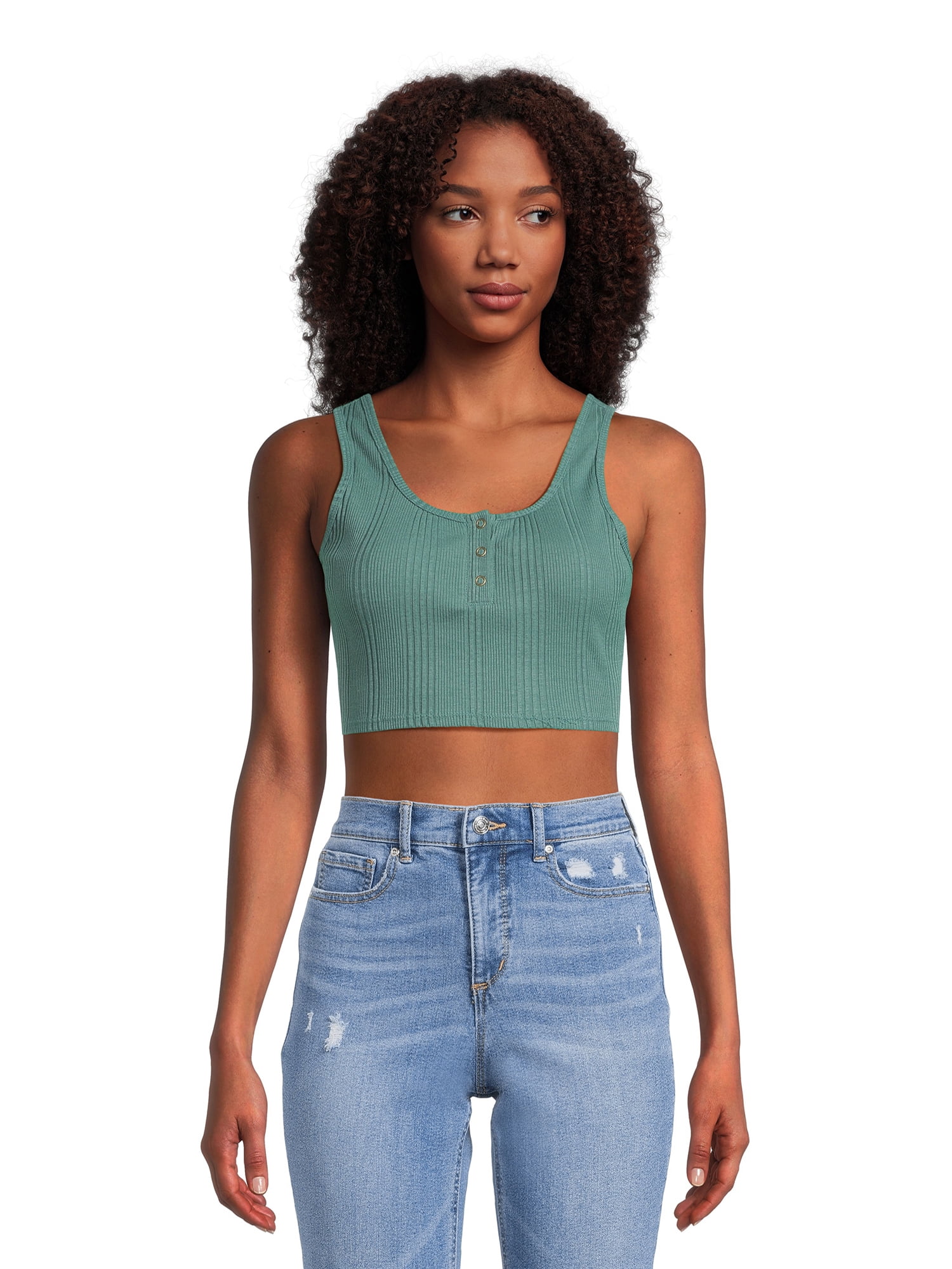 No Boundaries Juniors Cropped Jersey Henley Tank Top, Sizes XS-3X ...