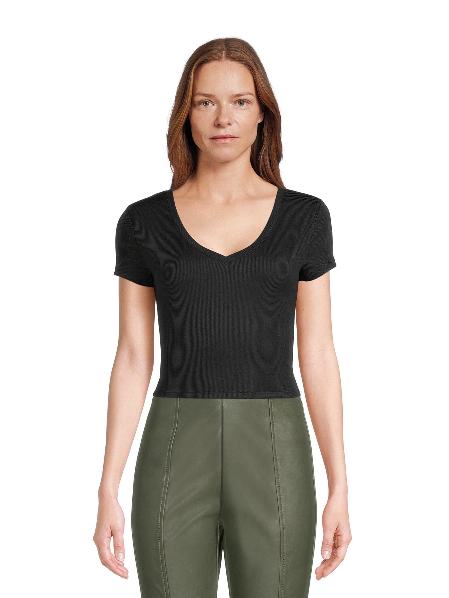 No Boundaries Cropped Soft Knit Fabric V Neck T-Shirt (Women's ...