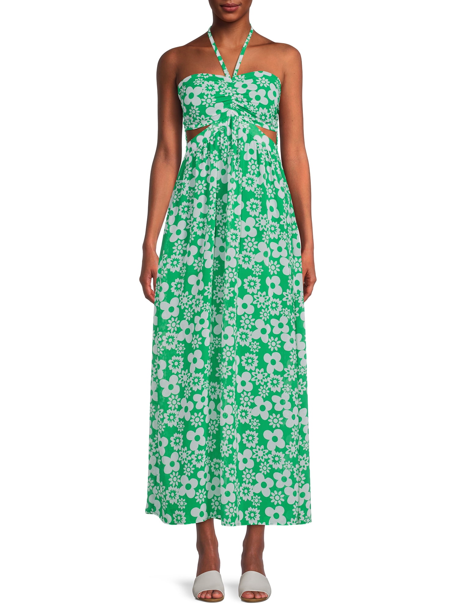 No Boundaries Juniors' Sleeveless Chiffon Cutout Maxi Dress with Halter ...