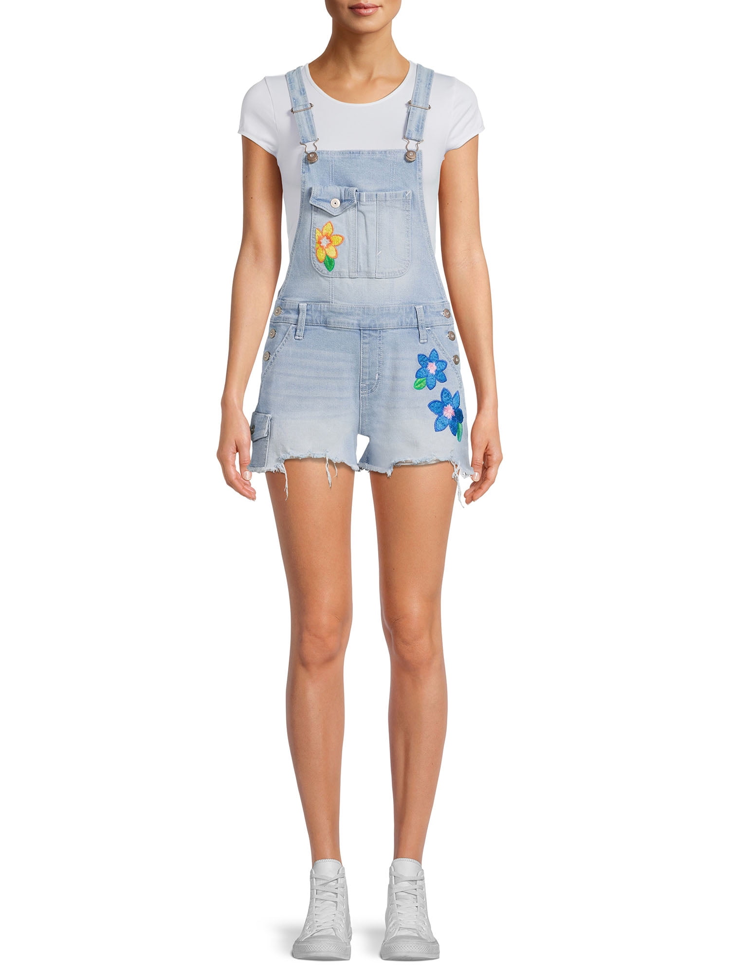 No Boundaries Juniors' Denim Shortalls with Embroidered Flowers, Sizes ...