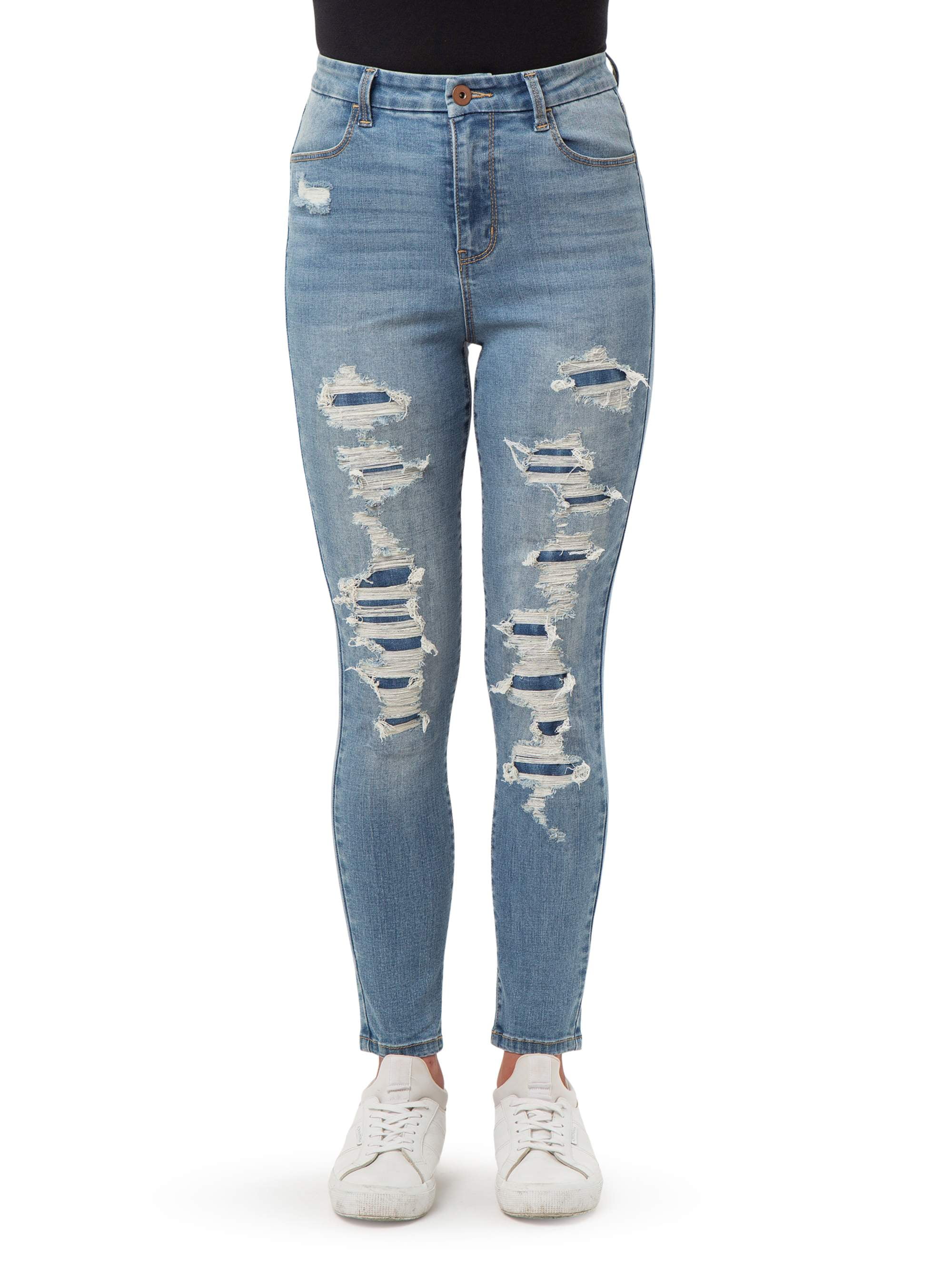 No Boundaries Juniors' Destructed Curvy High Rise Ankle Skinny Jeans ...