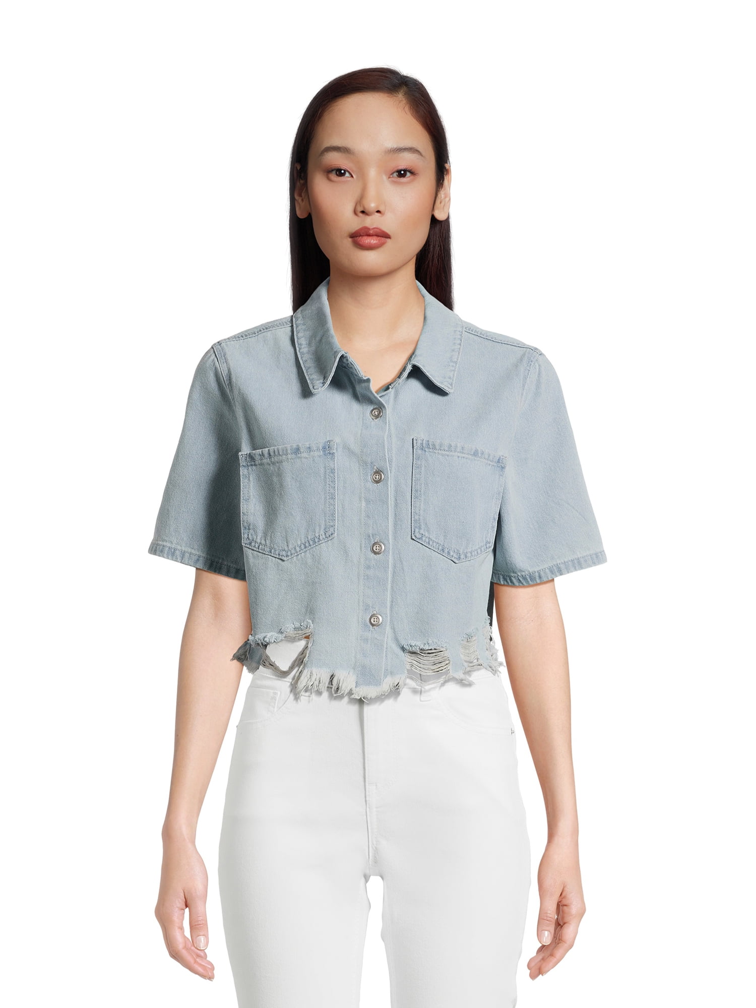No Boundaries Juniors Distressed Short Sleeve Jacket, Sizes XS-3XL ...