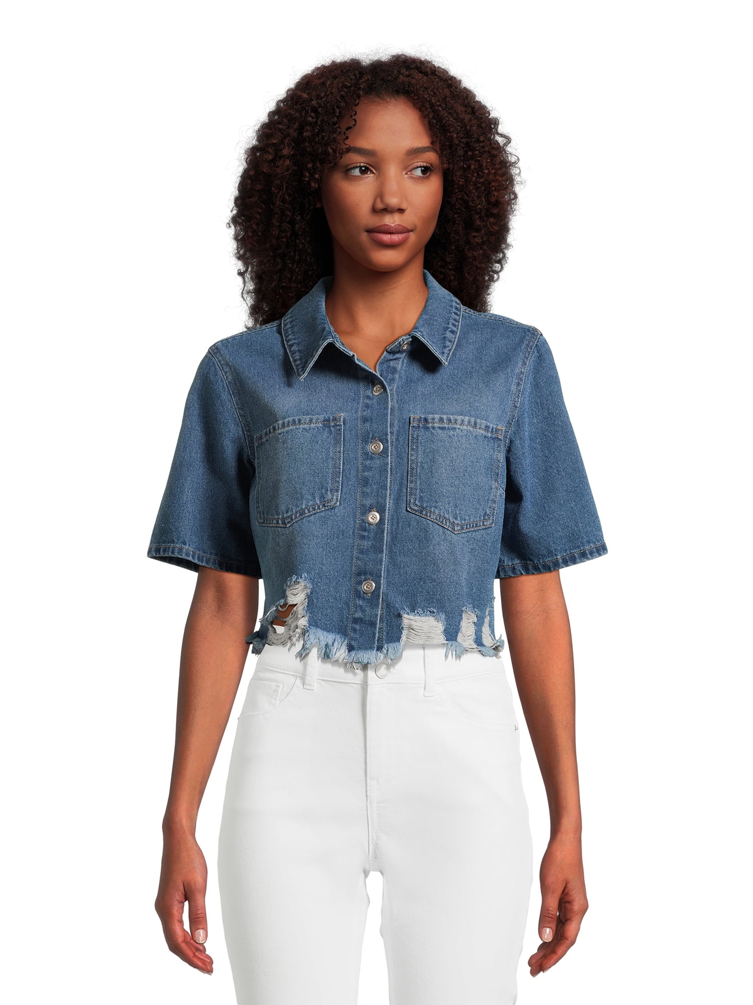 No Boundaries Juniors Distressed Short Sleeve Jacket, Sizes XS-3XL ...