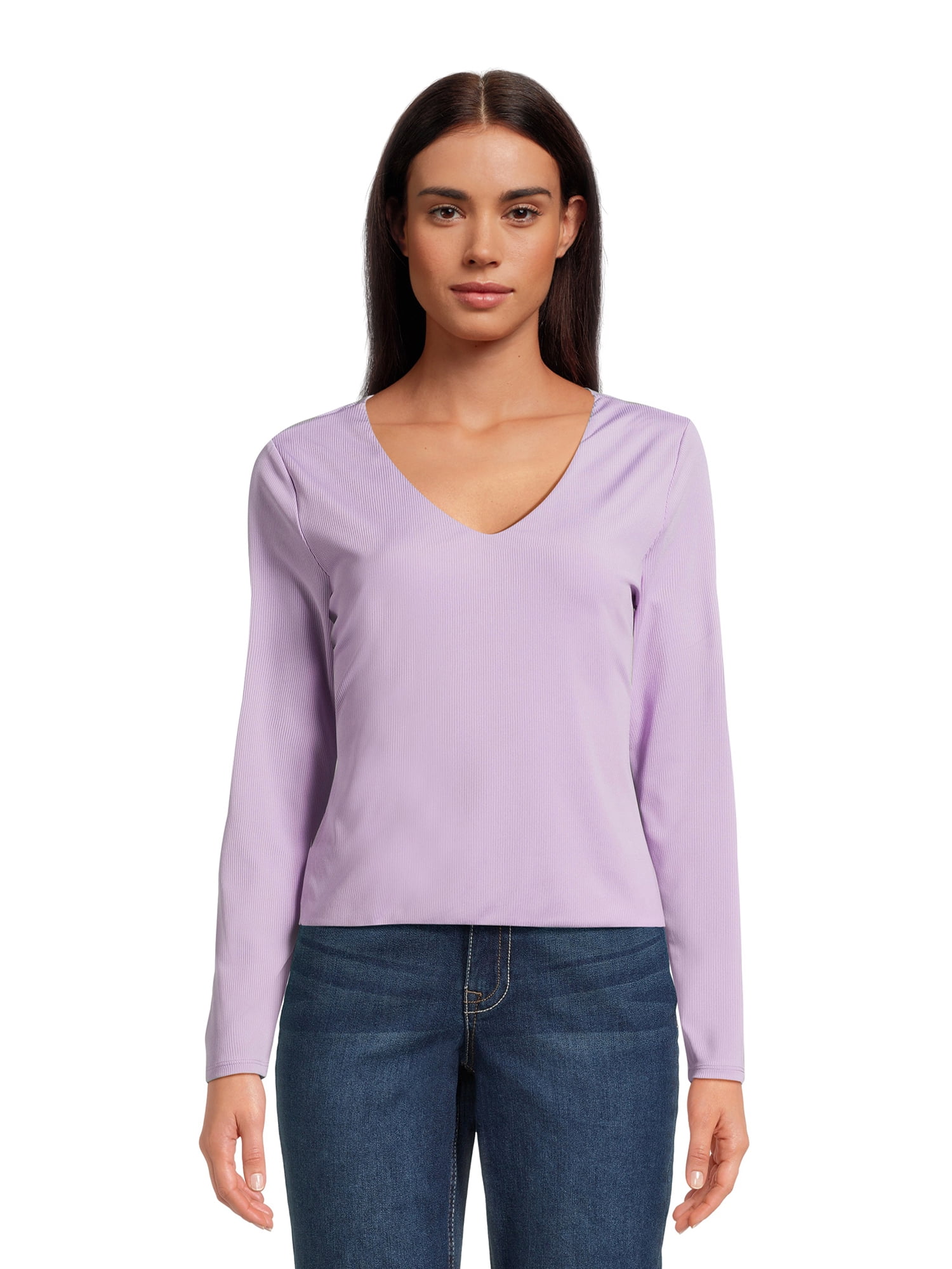 No Boundaries Juniors Double Layer Long Sleeve V neck Rib Tee, Sizes XS ...