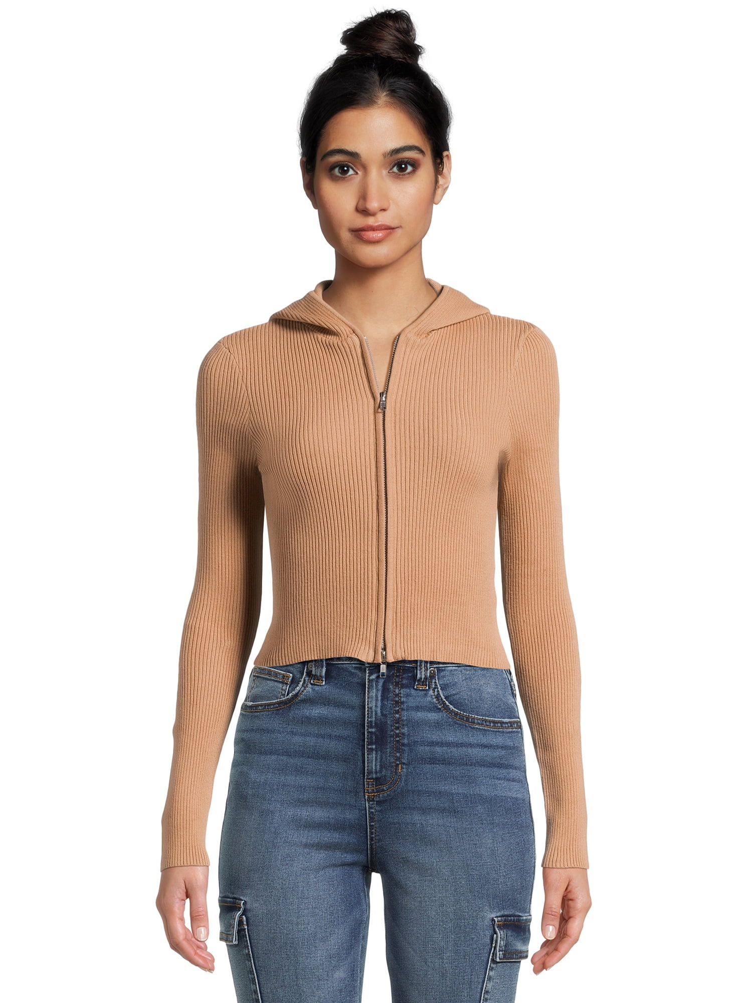 No Boundaries Juniors Double Zip Ribbed Sweater with Hood, Sizes XS ...