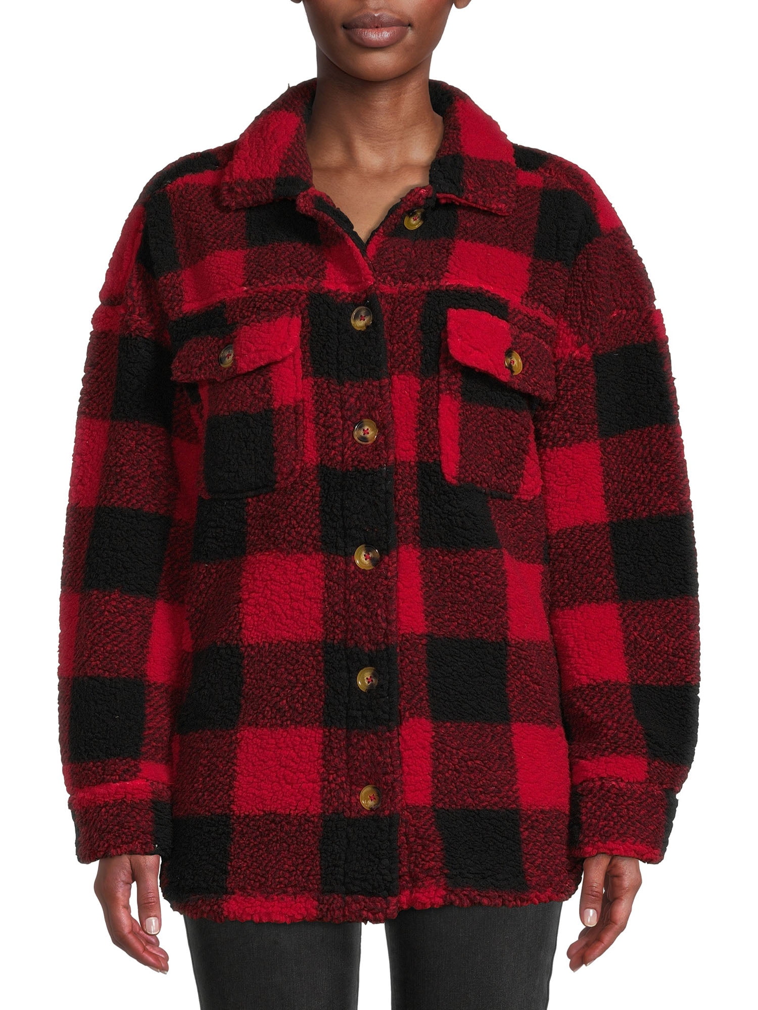 No Boundaries Juniors' Faux Sherpa Shacket, Oversized, Plush, Pockets ...