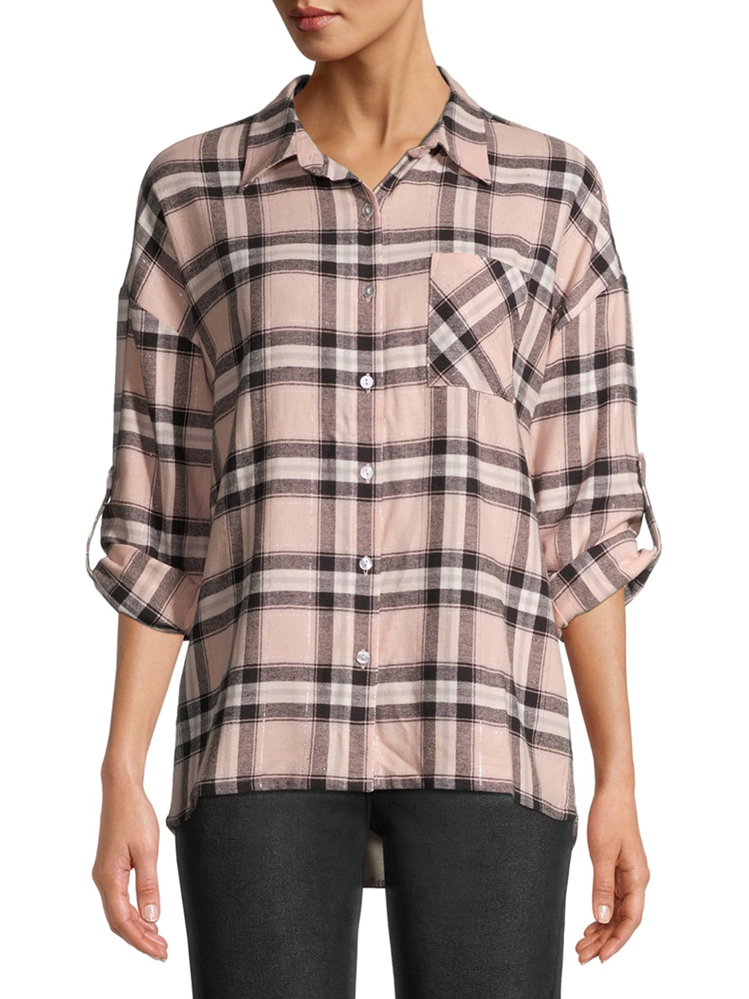 No Boundaries Juniors Faux Sherpa Lined Plaid Flannel Top - Walmart.com