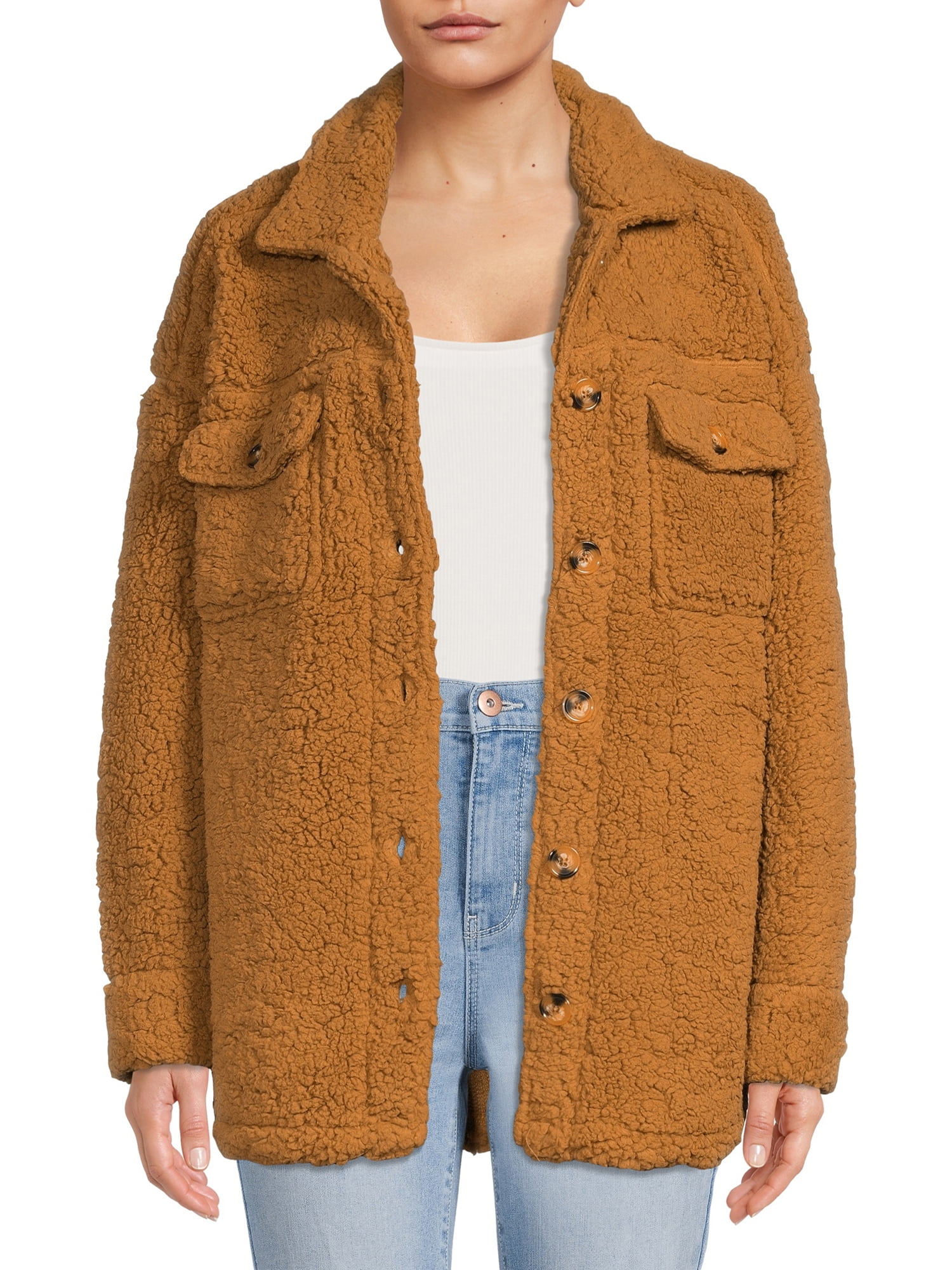 No Boundaries Juniors Faux Sherpa Shacket - Walmart.com