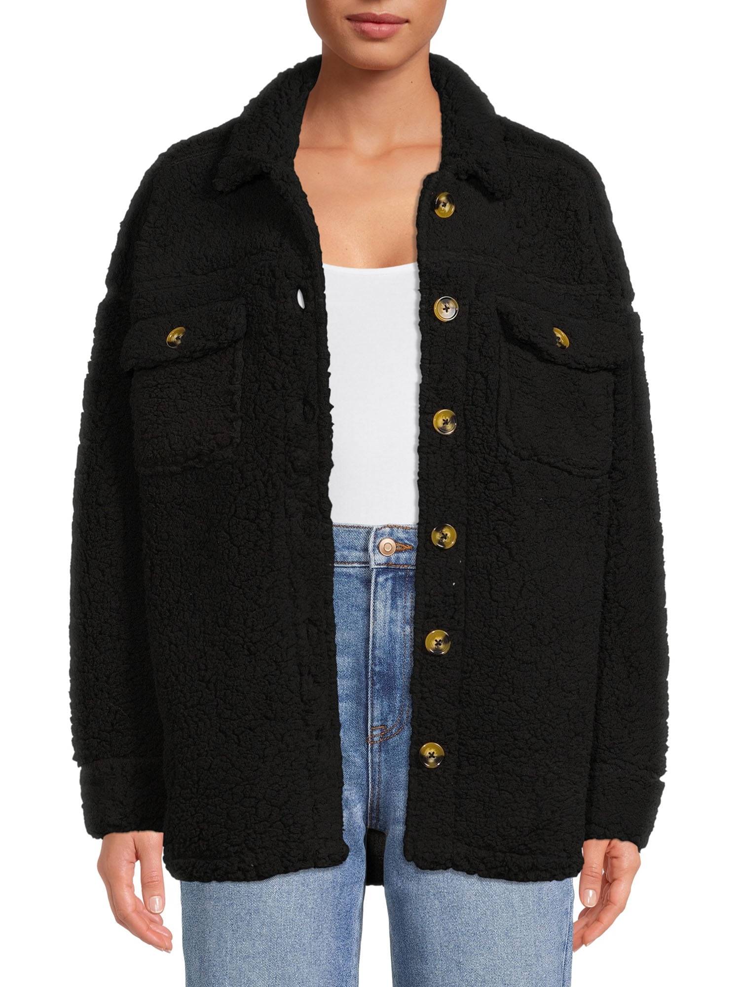No Boundaries Juniors' Faux Sherpa Shacket - Walmart.com