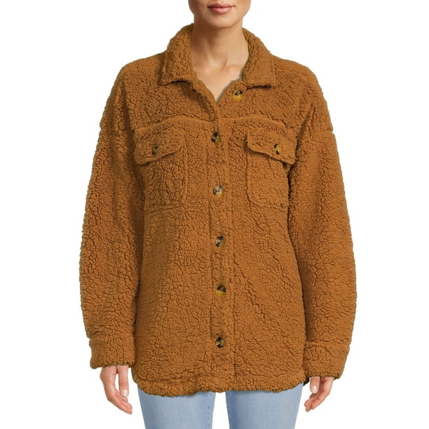No Boundaries Juniors’ Faux Sherpa Shacket - Walmart Business Supplies