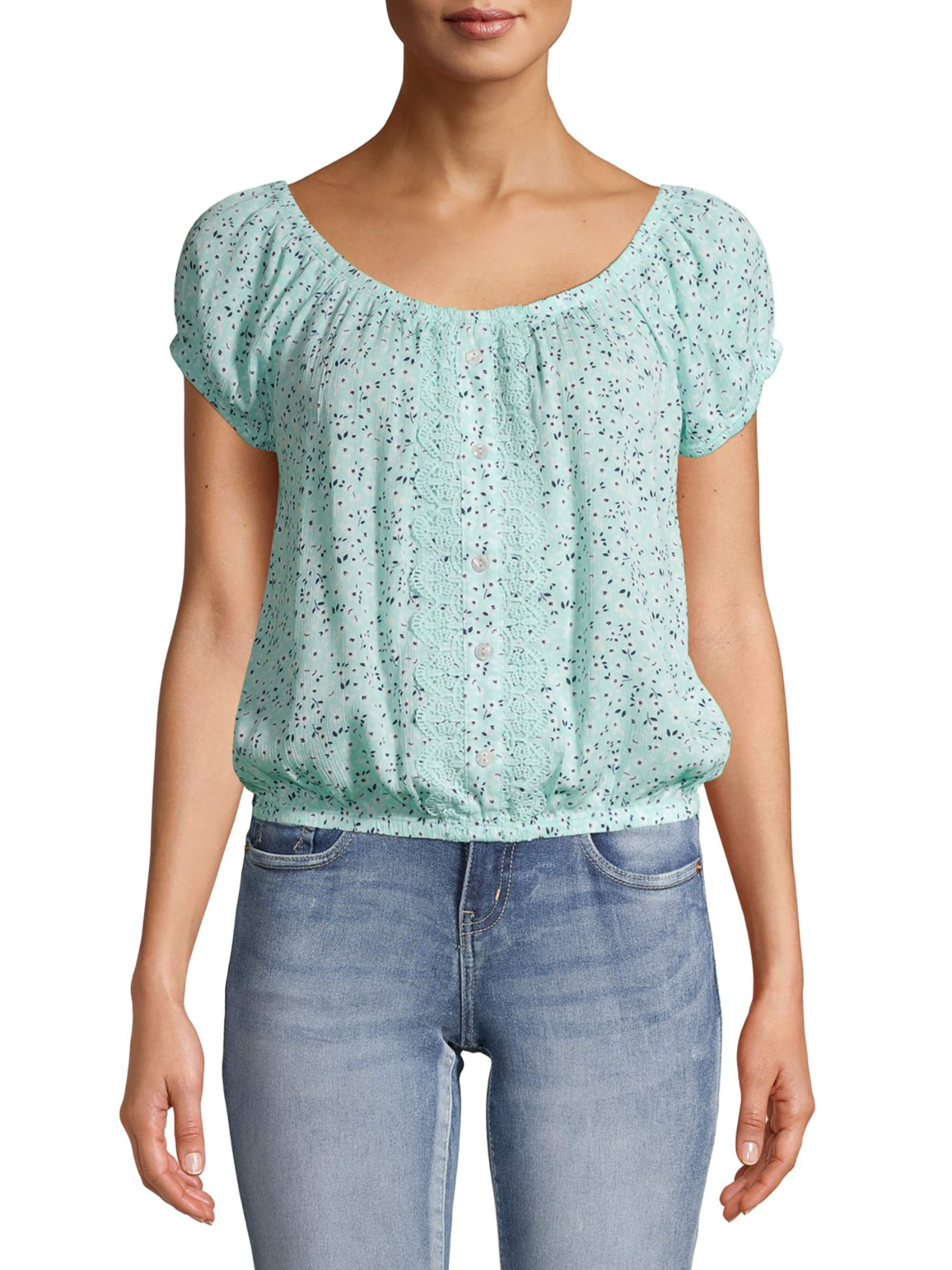 No Boundaries Juniors Floral Peasant Top with Short Sleeves, Sizes XS ...