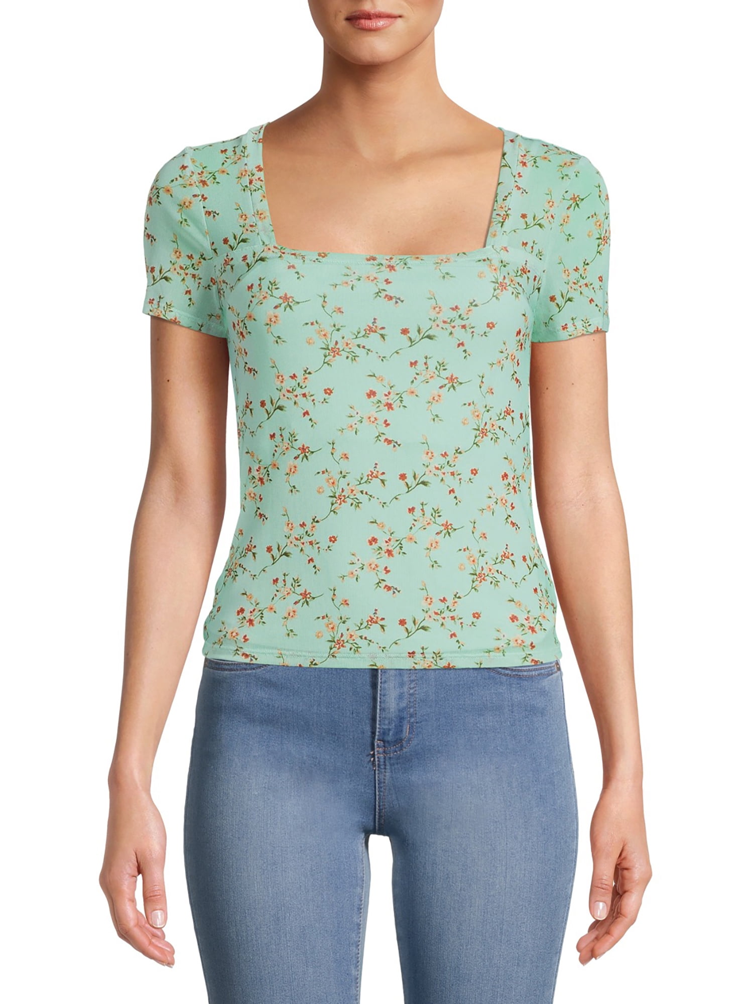 No Boundaries Juniors' Floral Square Neck Mesh Top - Walmart.com