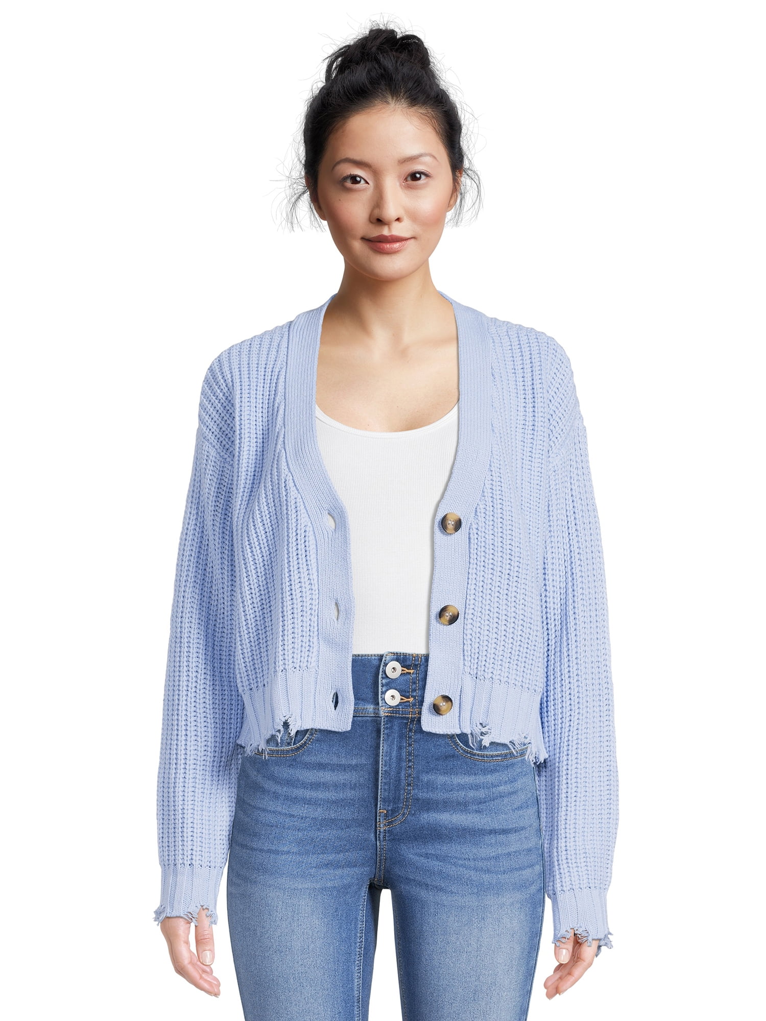 No Boundaries Juniors Frayed V-Neck Cardigan, Midweight - Walmart.com