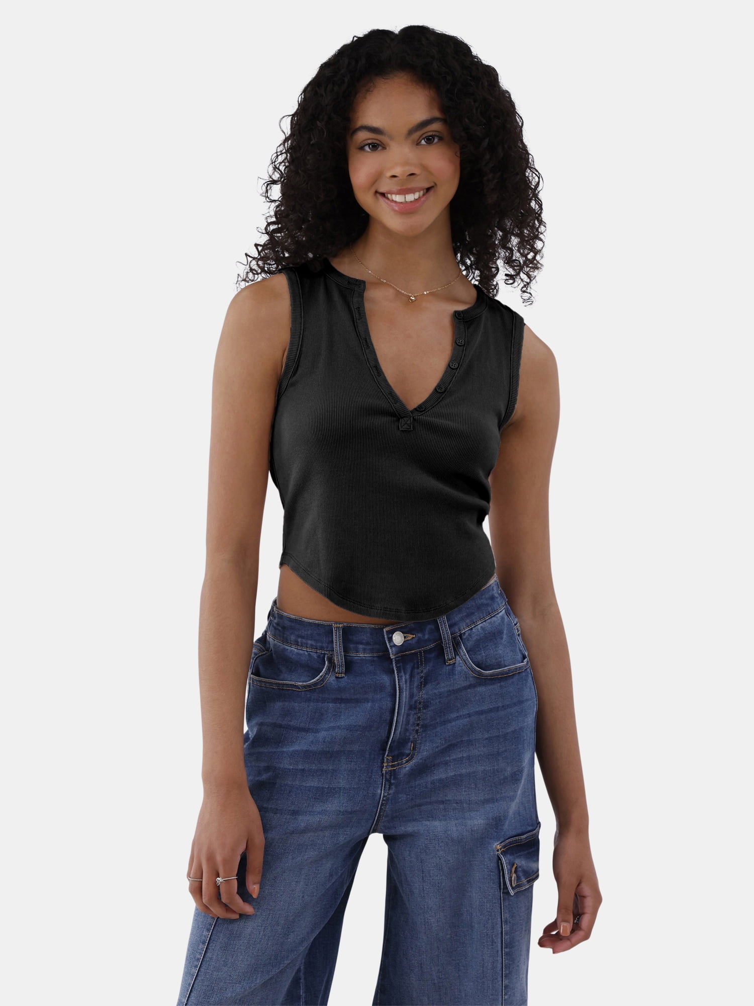 No Boundaries Cropped Henley Tank Top - Cropped - Walmart.com
