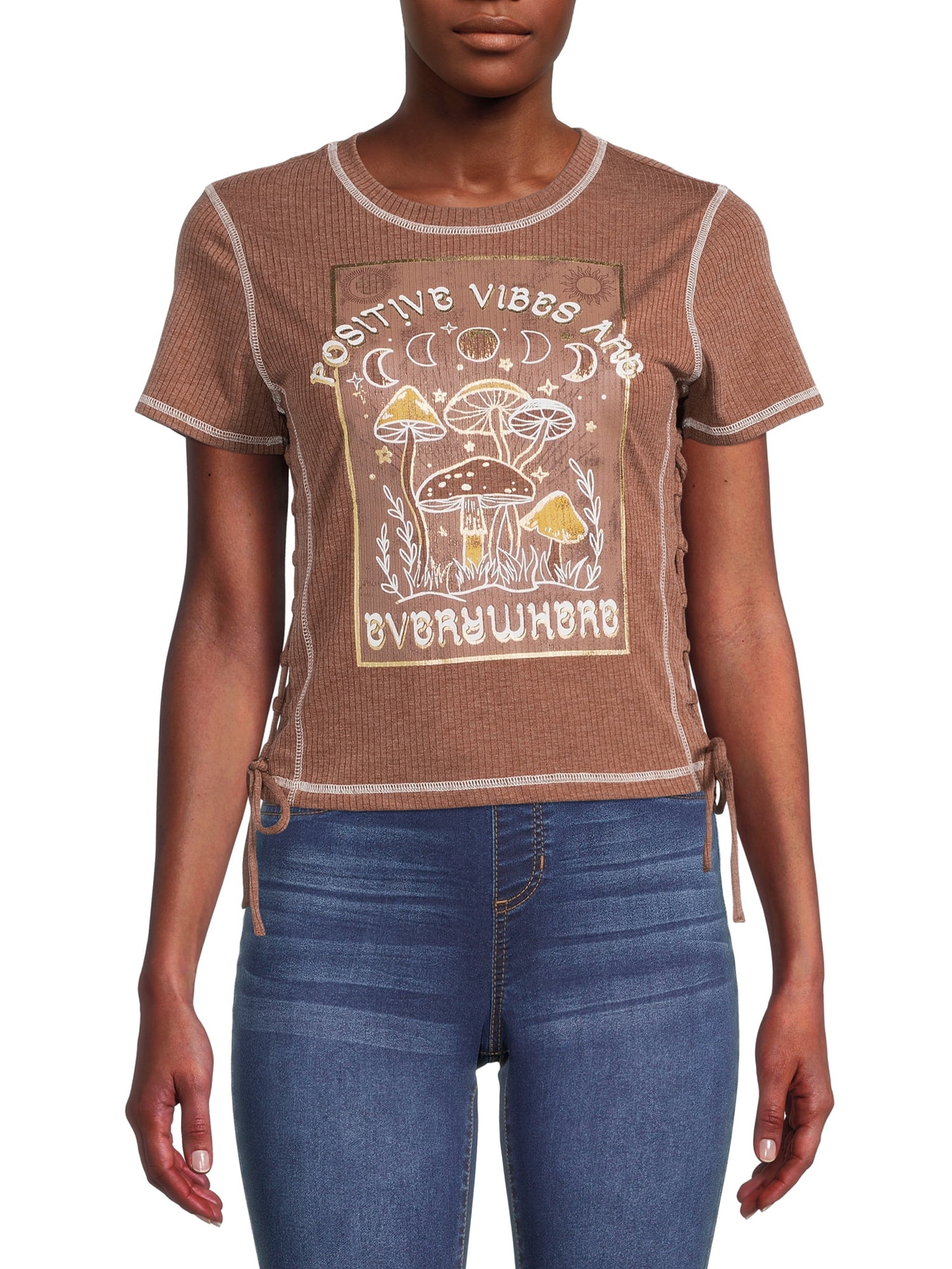 No Boundaries Juniors' Lace Up Graphic Print Tee - Walmart.com