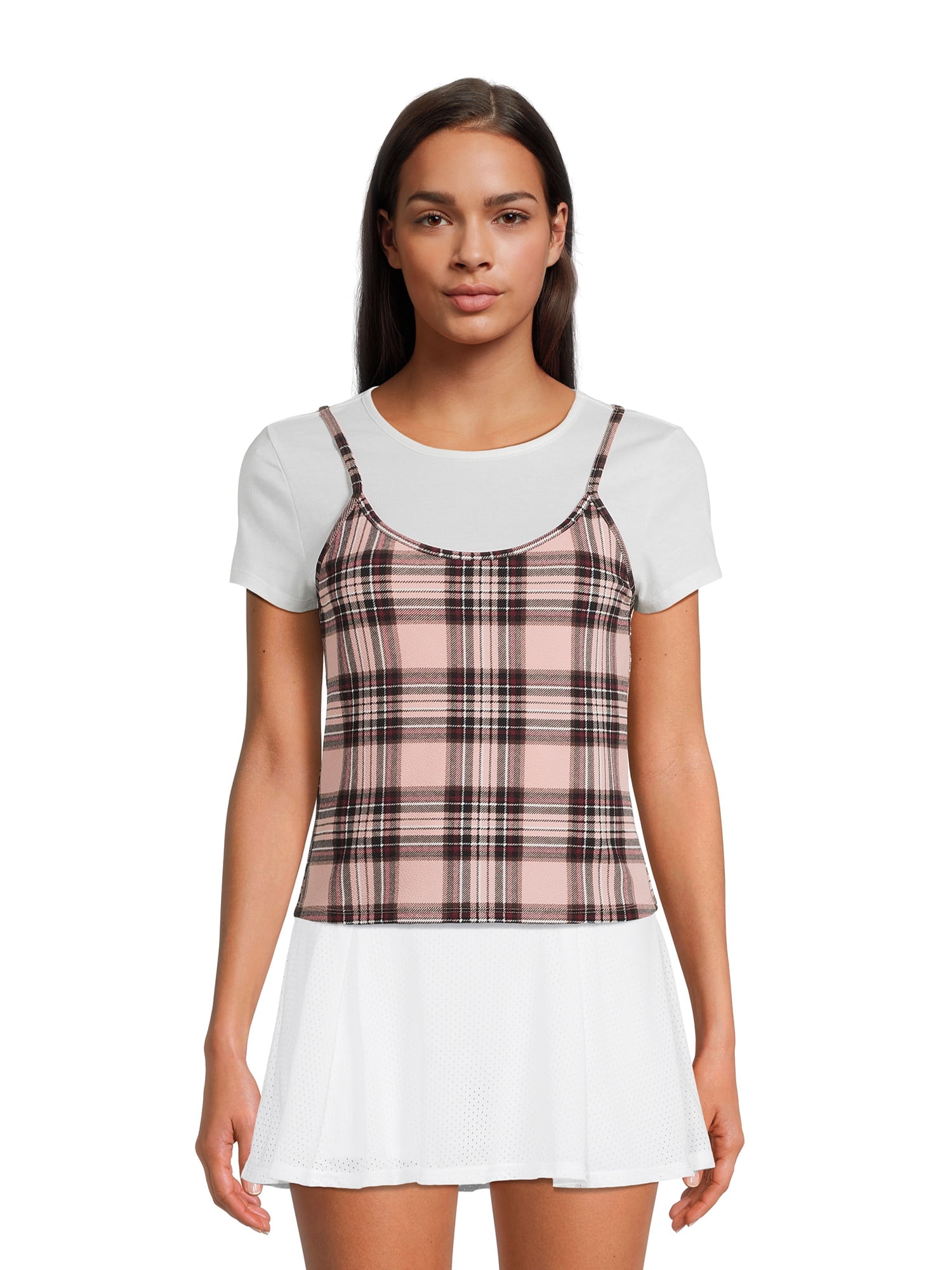 No Boundaries Layered Plaid T-Shirt & Tank Top XS-3X - Walmart.com
