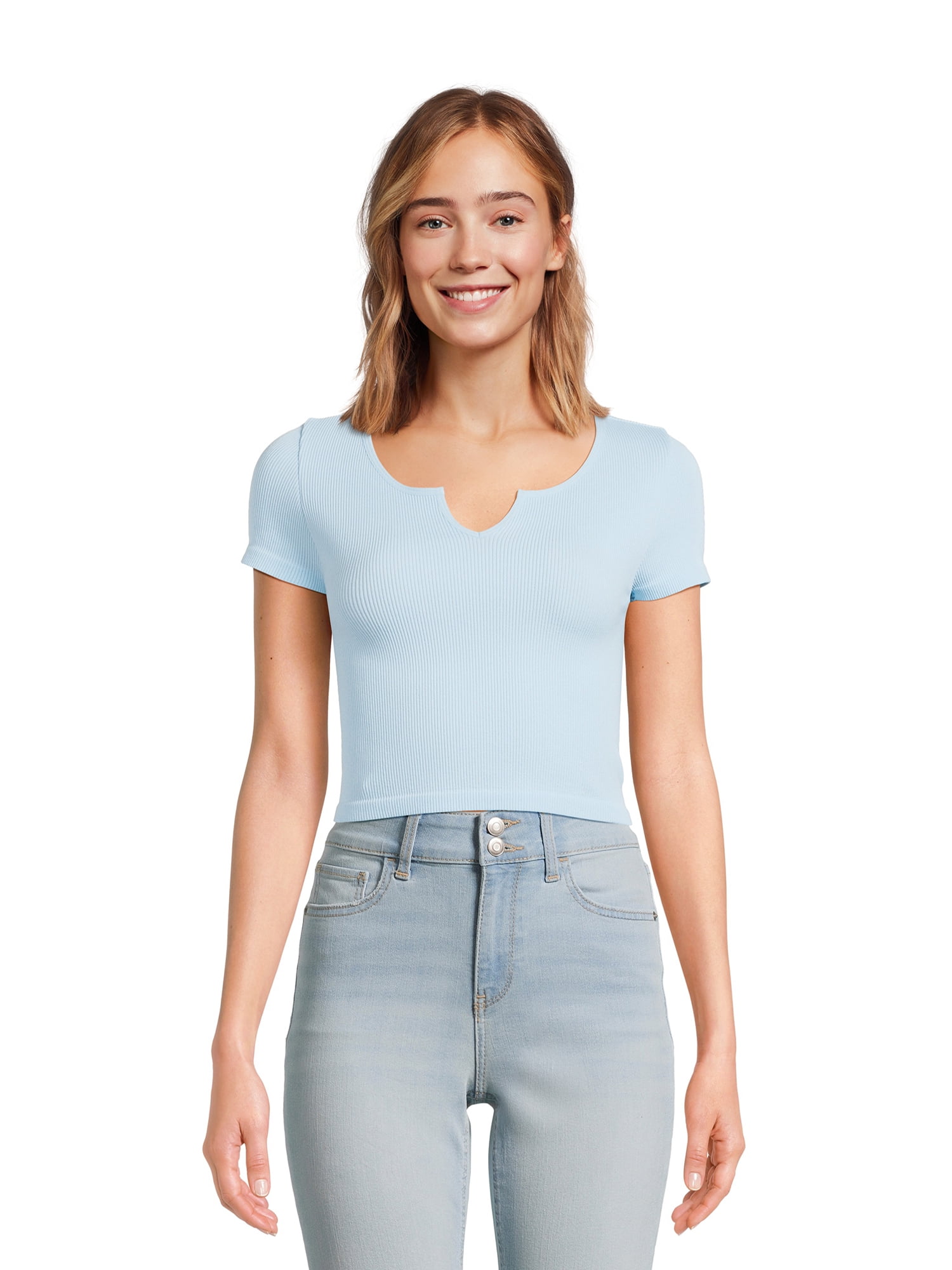 No Boundaries Juniors Notch Neck Crop Top with Short Sleeves - Walmart.com