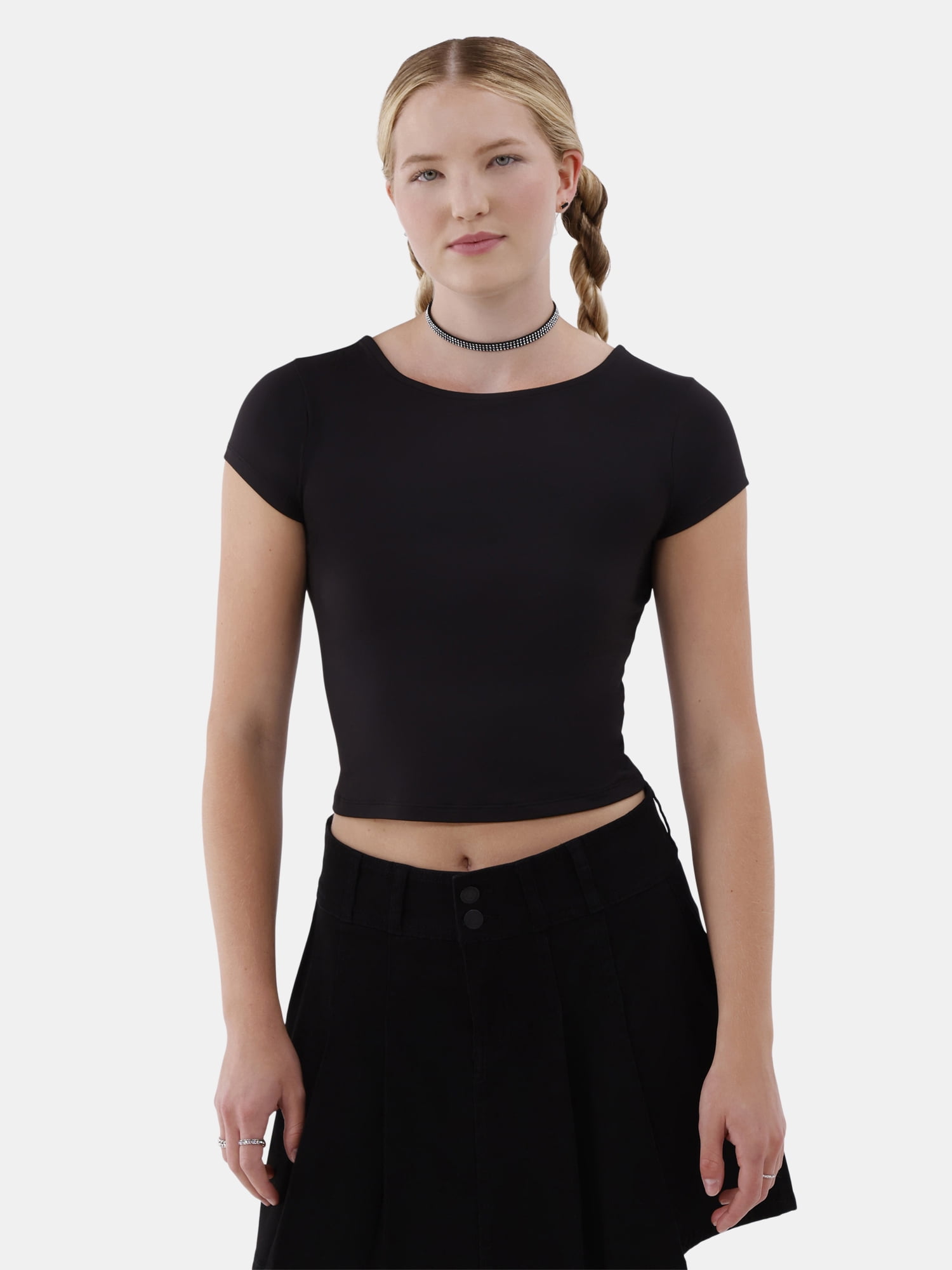 No Boundaries Women's Open Back Tee, Short Sleeves, Semi-Fitted ...