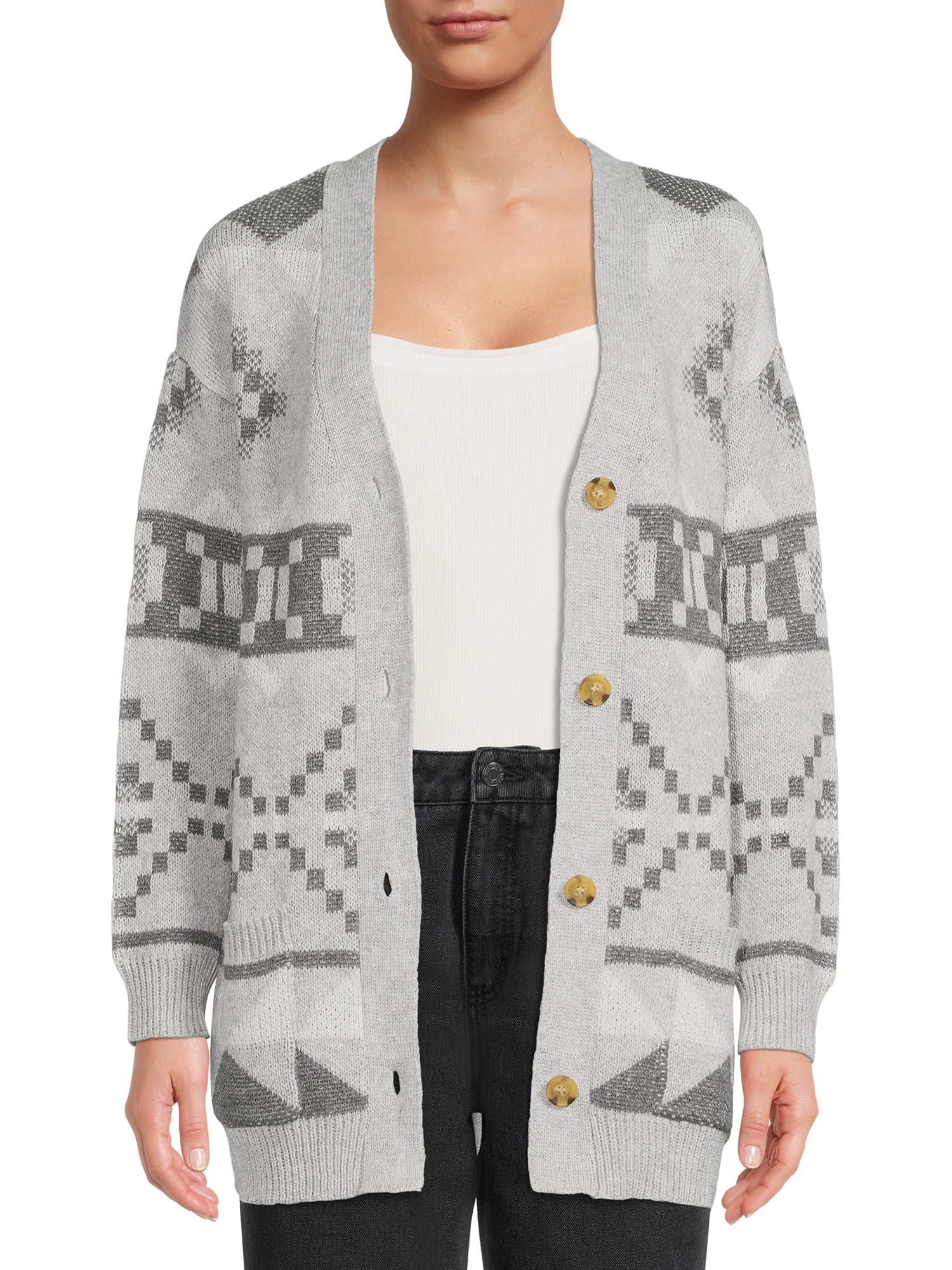 No Boundaries Juniors' Jacquard Pattern Cardigan Sweater with Patch ...