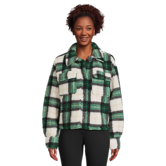 No Boundaries Juniors Plaid Faux Sherpa Shacket, Sizes XS-XXXL ...