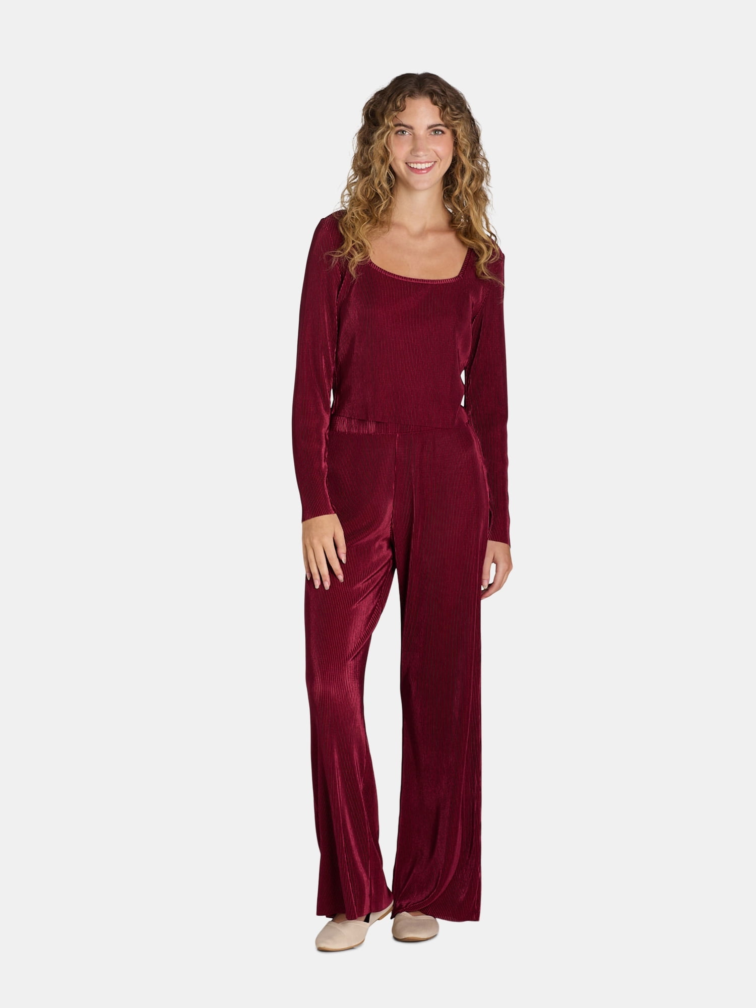 No Boundaries Pleated Square Neck Top and Pants Set, 2 Piece, Women's ...