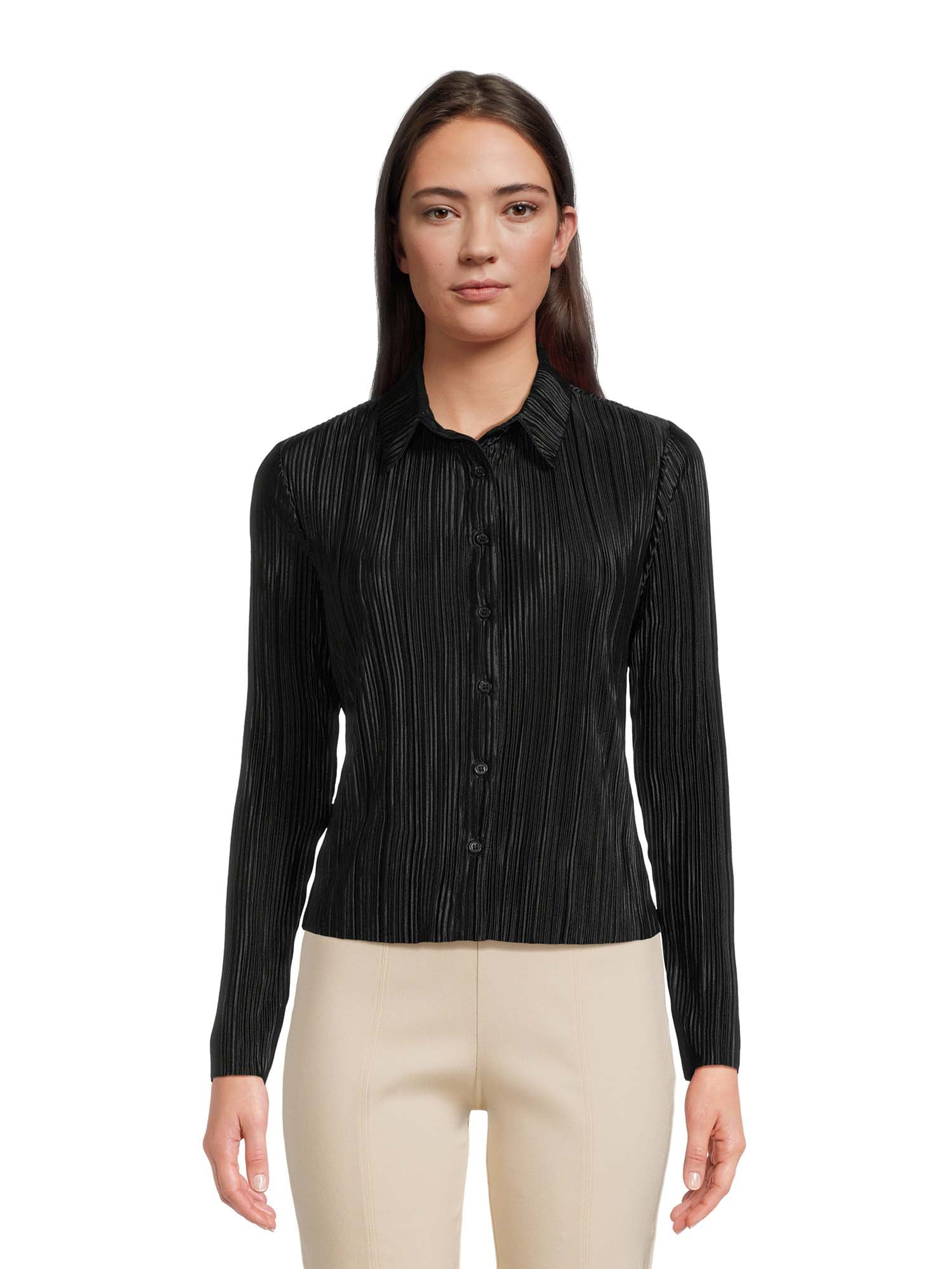 No Boundaries Pleated Button Front Long Sleeve Striped, Blouse and Top ...