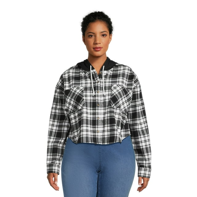No Boundaries Juniors Plus Size Hooded Plaid Flannel Shirt - Walmart.com