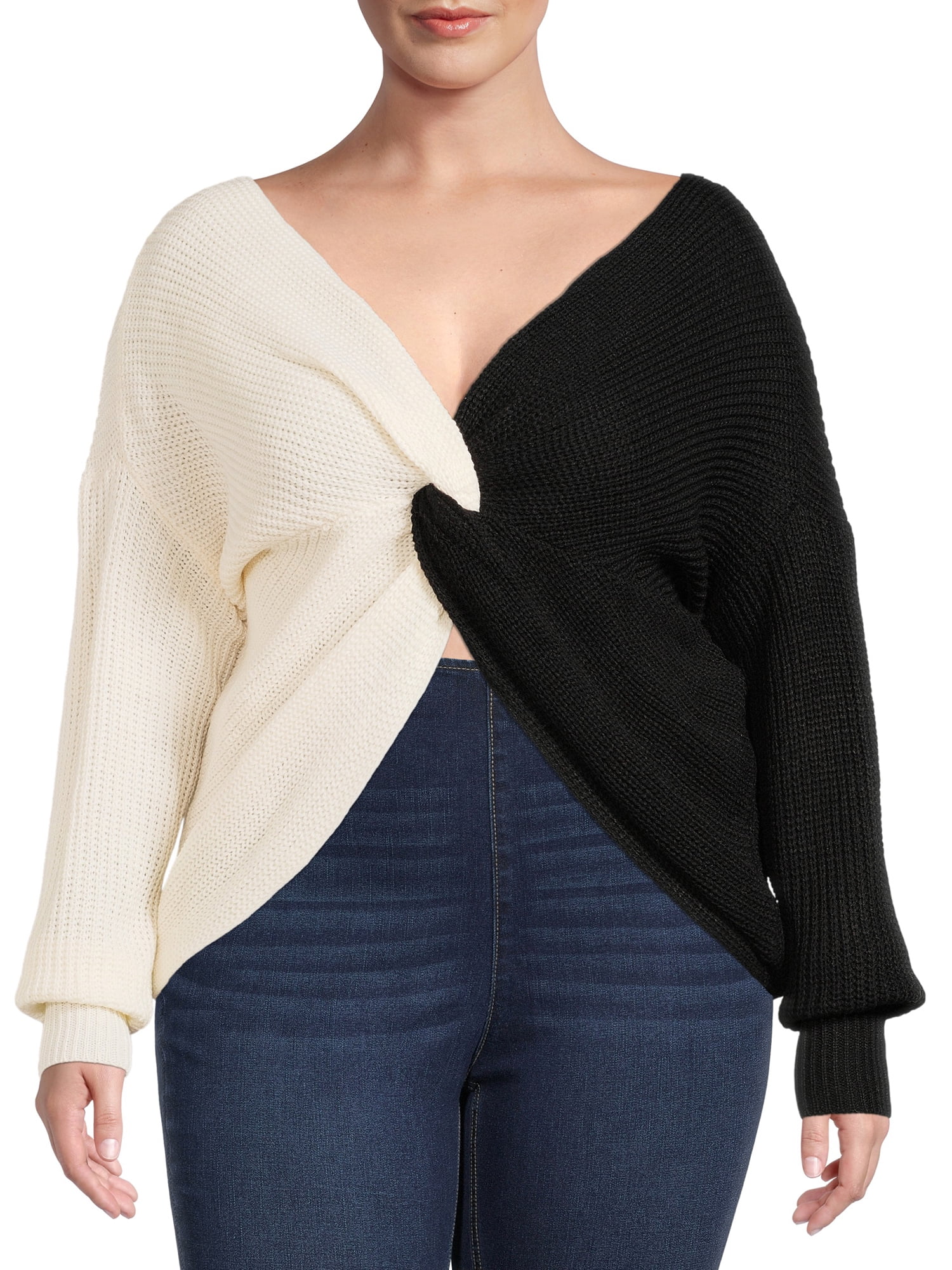 No Boundaries Juniors' Plus Size Twisted Wear Two Ways Two-Tone Sweater ...