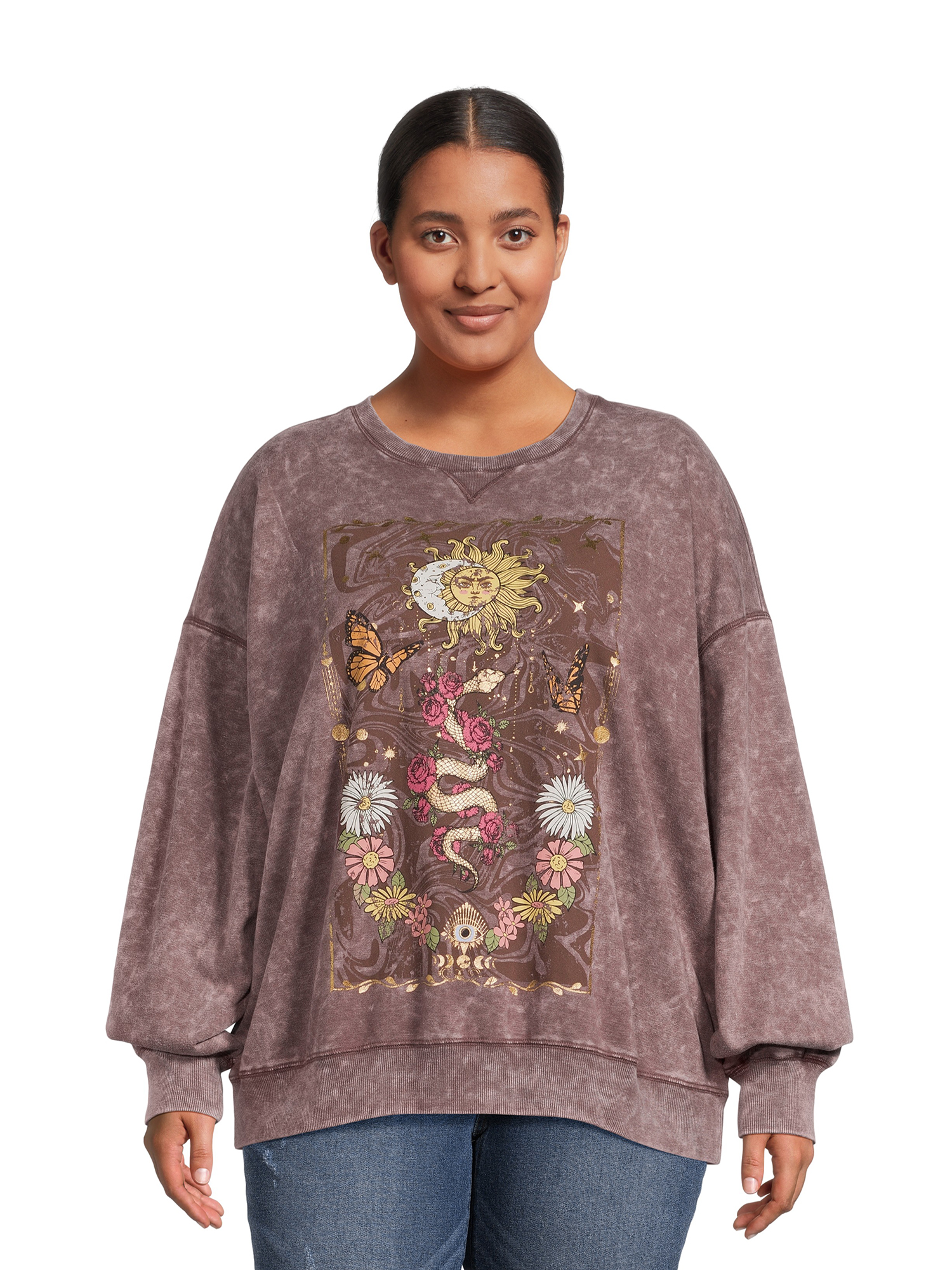No Boundaries Juniors Plus Size Washed Graphic Crewneck Sweatshirt