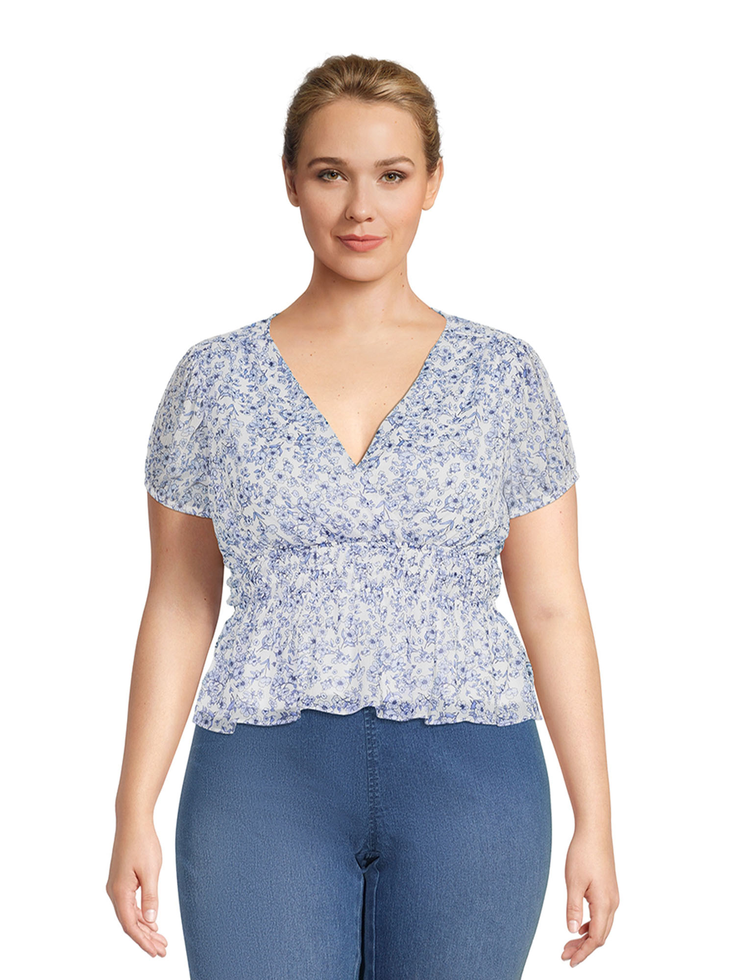 No Boundaries Juniors Plus Surplice Top with Puff Sleeves - Walmart.com