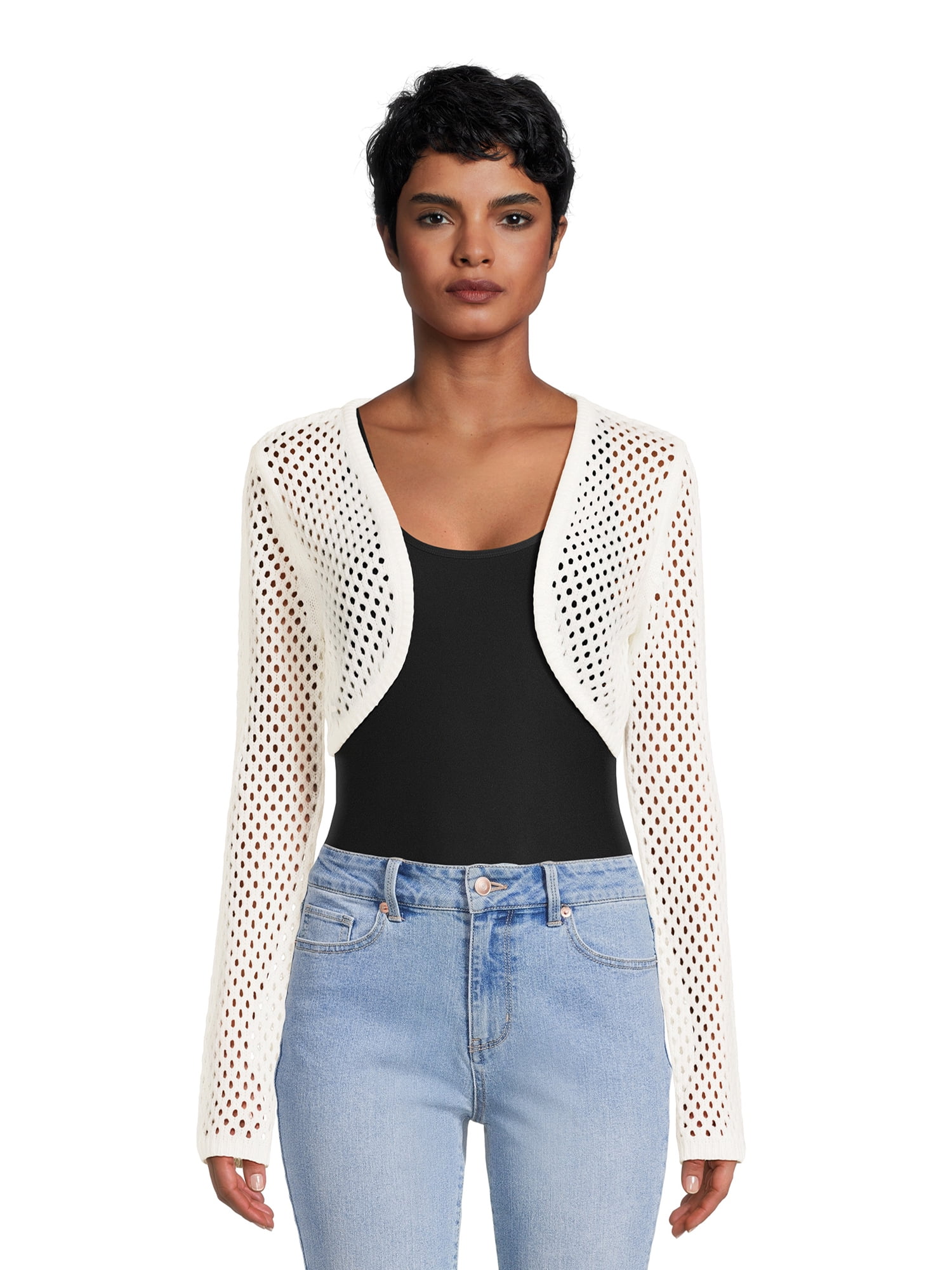 No Boundaries Pointelle Bolero Shrug with Long Sleeves, Women's and ...