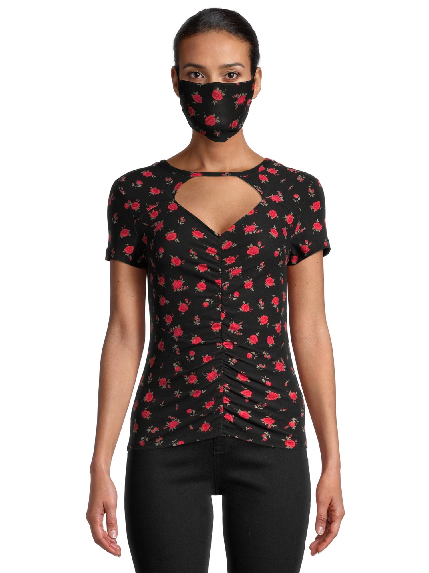 No Boundaries Juniors’ Print Cutout T-Shirt with Mask - Walmart.com