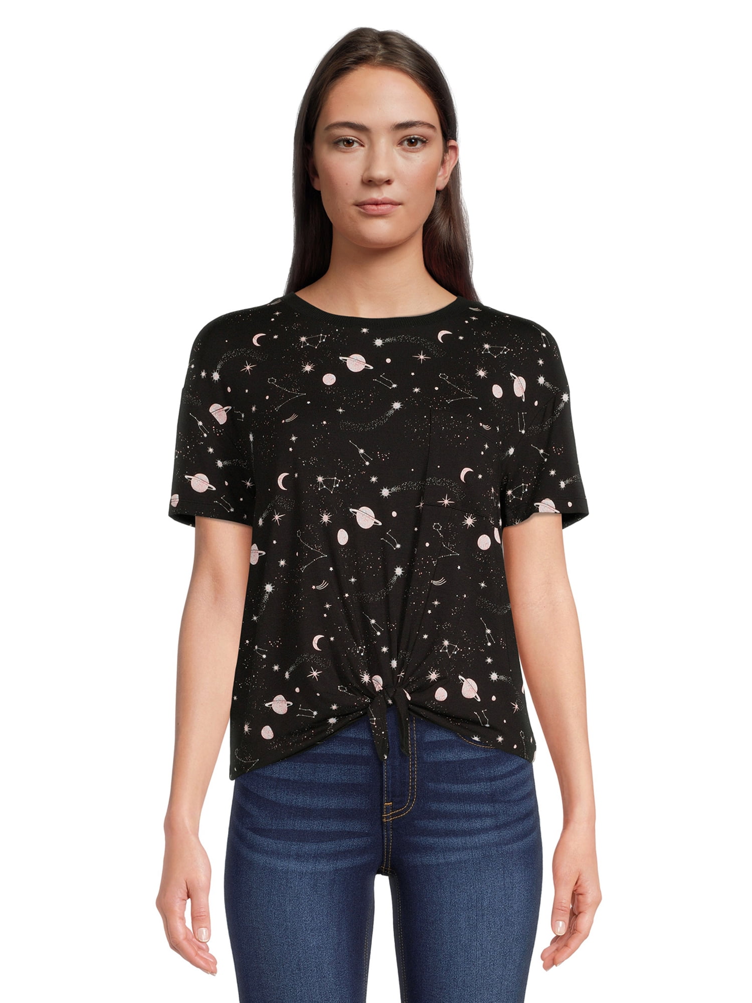 No Boundaries Juniors Printed Tie Front Tee - Walmart.com