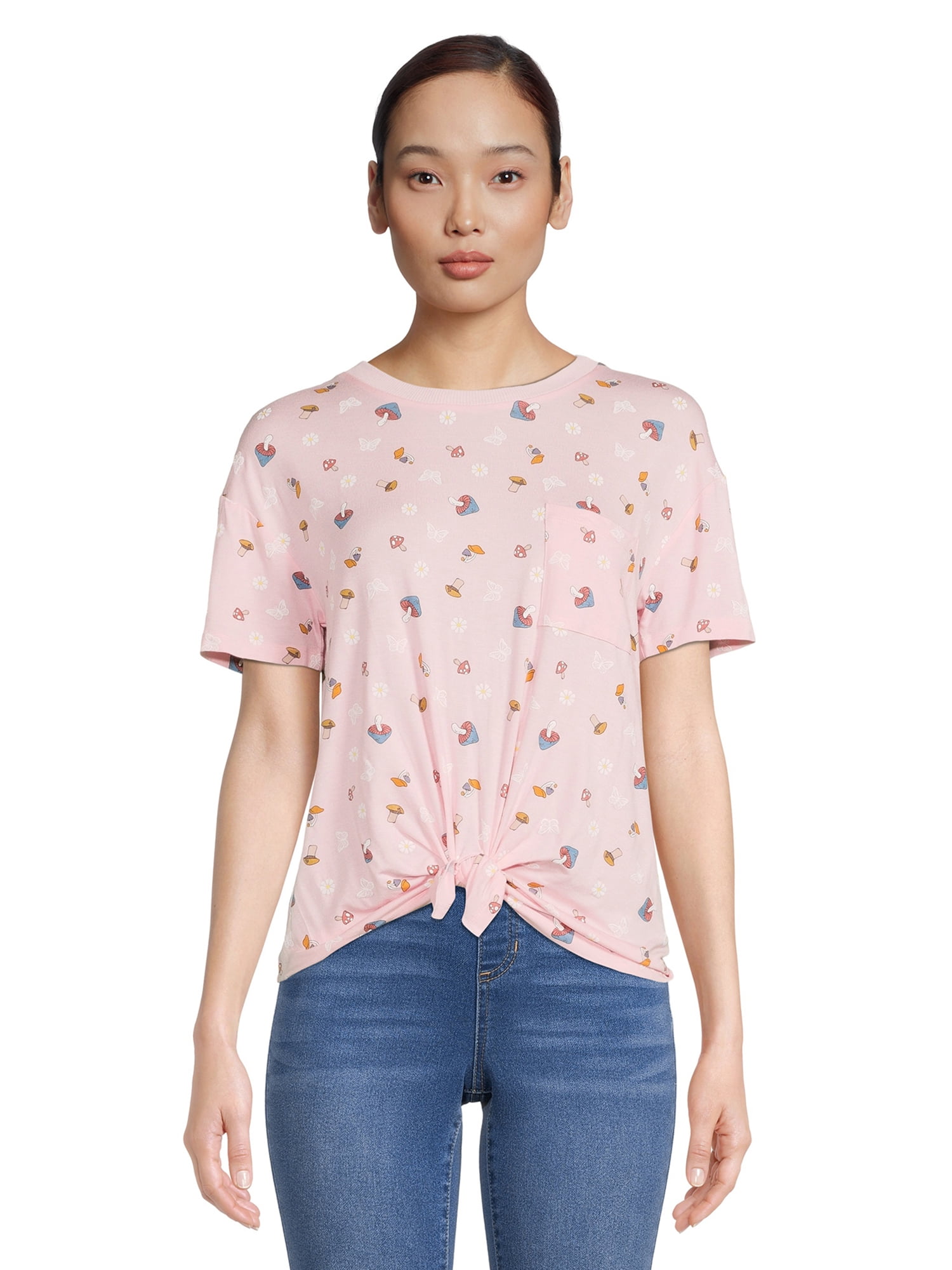 No Boundaries Juniors Printed Tie Front Tee - Walmart.com