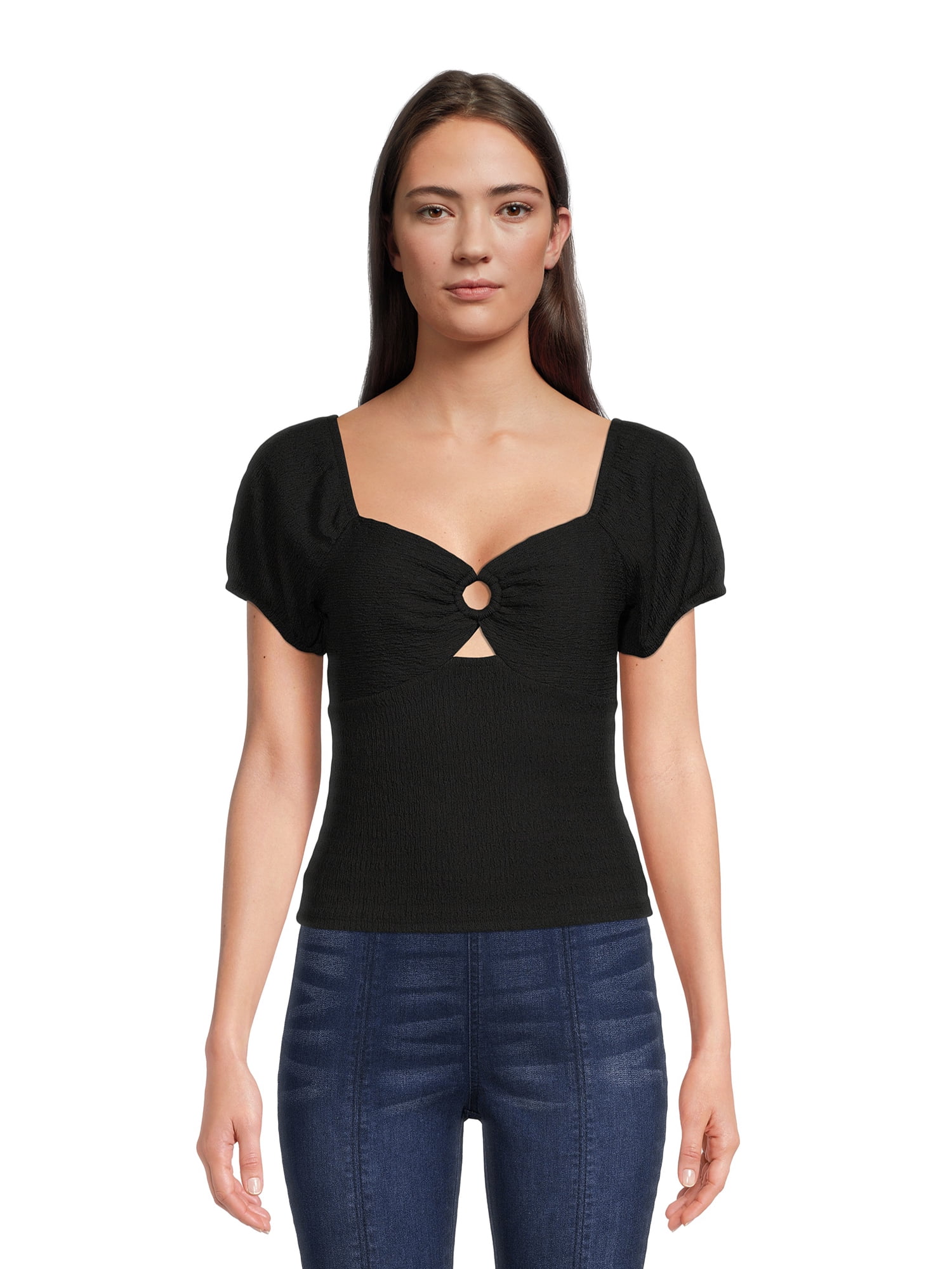 No Boundaries Juniors Pucker Knit Keyhole Top - Walmart.com