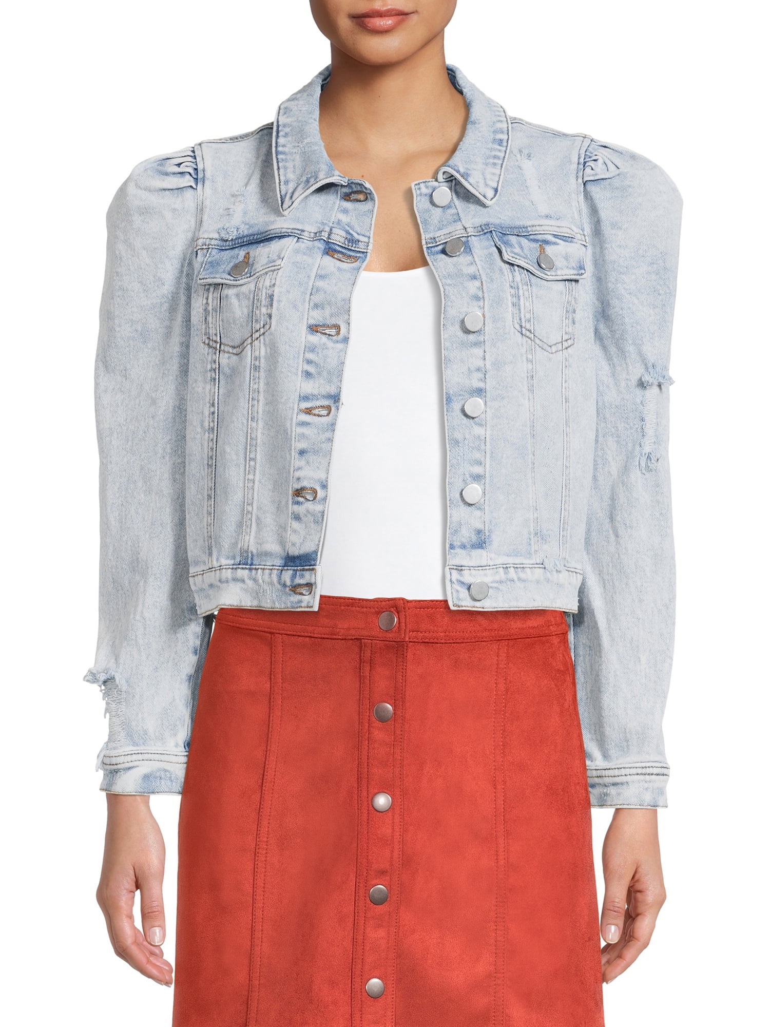 No Boundaries Denim Jacket with Puff Shoulders, Women's and Women's ...