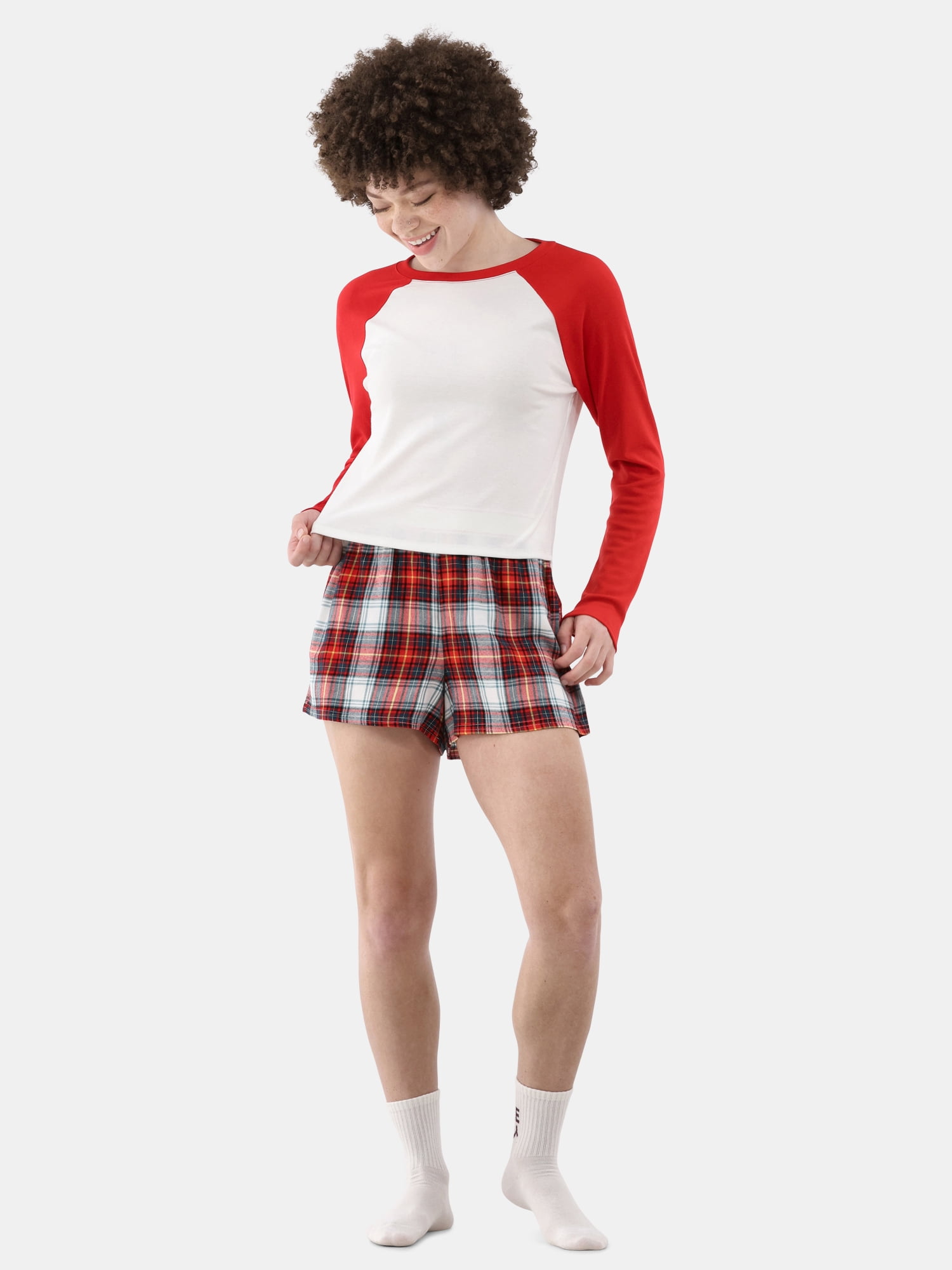 No Boundaries Long Sleeve Tee and Flannel Shorts Pajama Set, 2-Piece ...