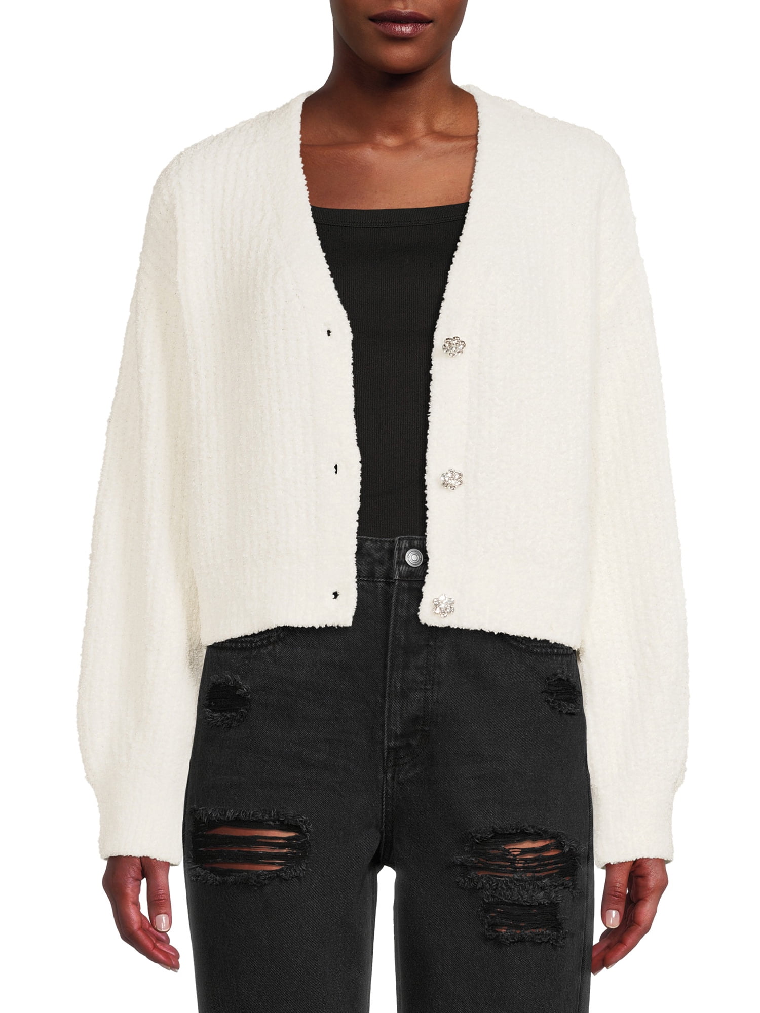 No Boundaries Juniors Ribbed Jewel Button Cardigan - Walmart.com