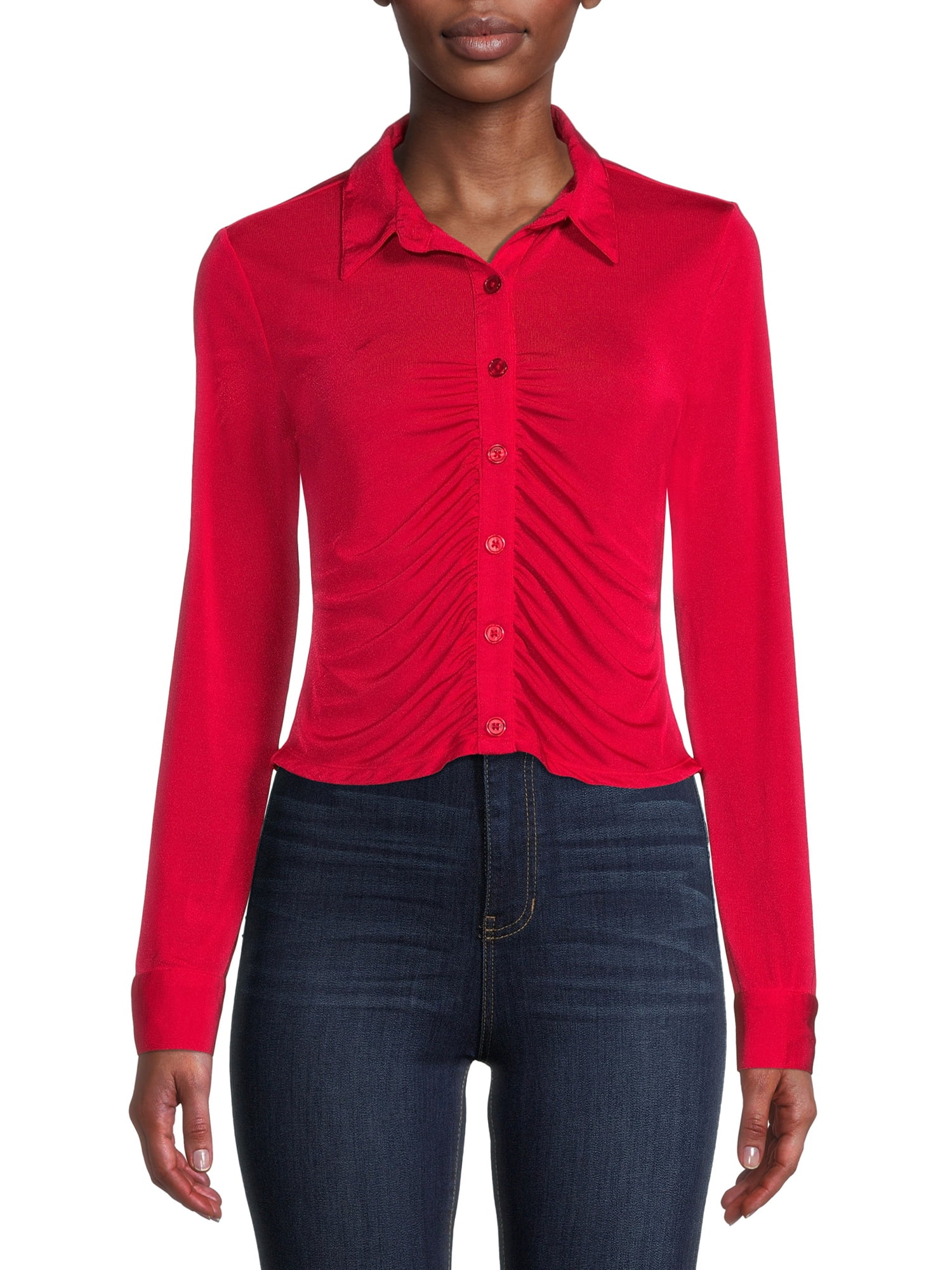 No Boundaries Juniors Ruched Button Front Top - Walmart.com