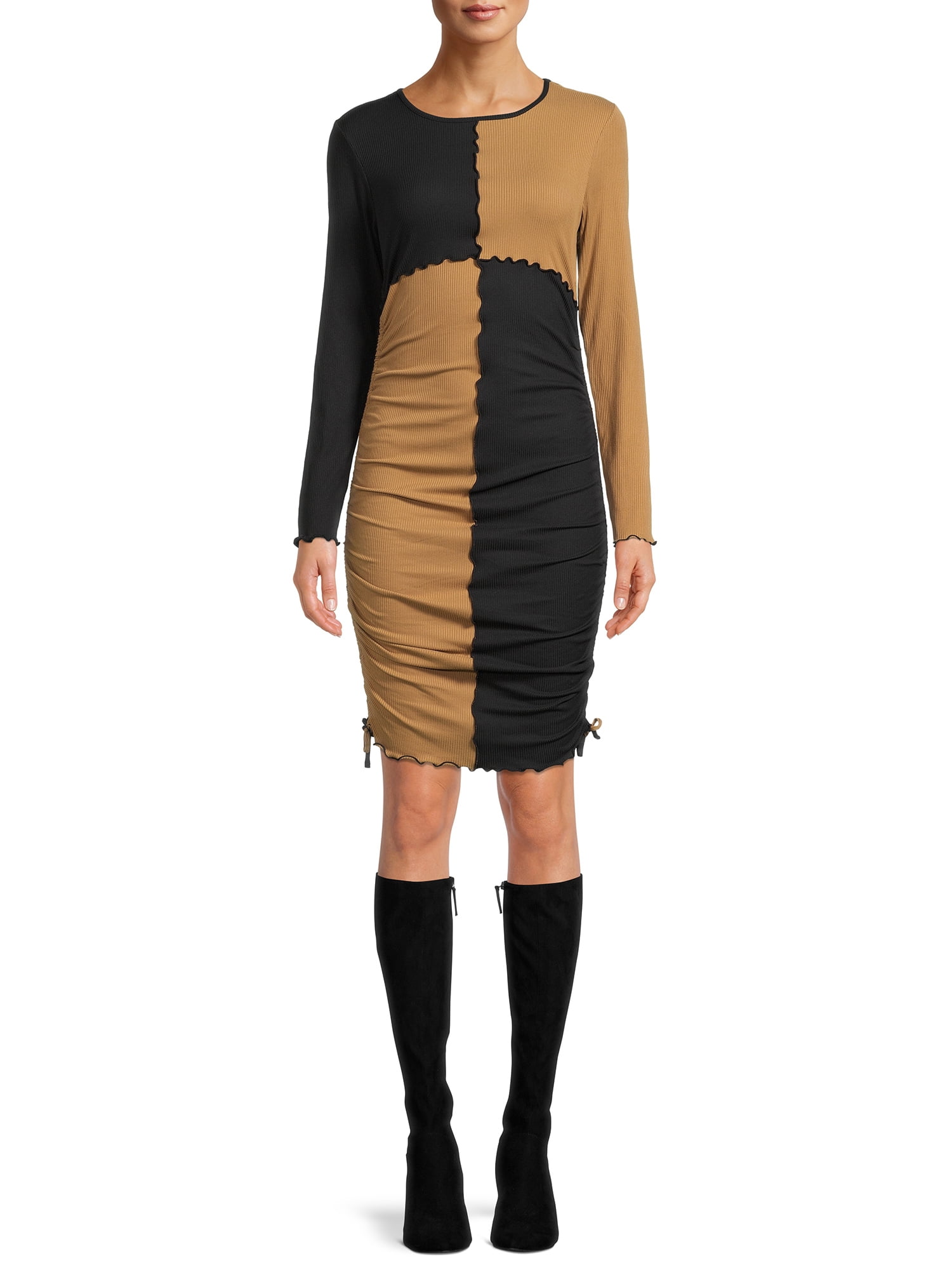 No Boundaries Colorblock Ruched Dress - Trendy Long Sleeve - Walmart.com