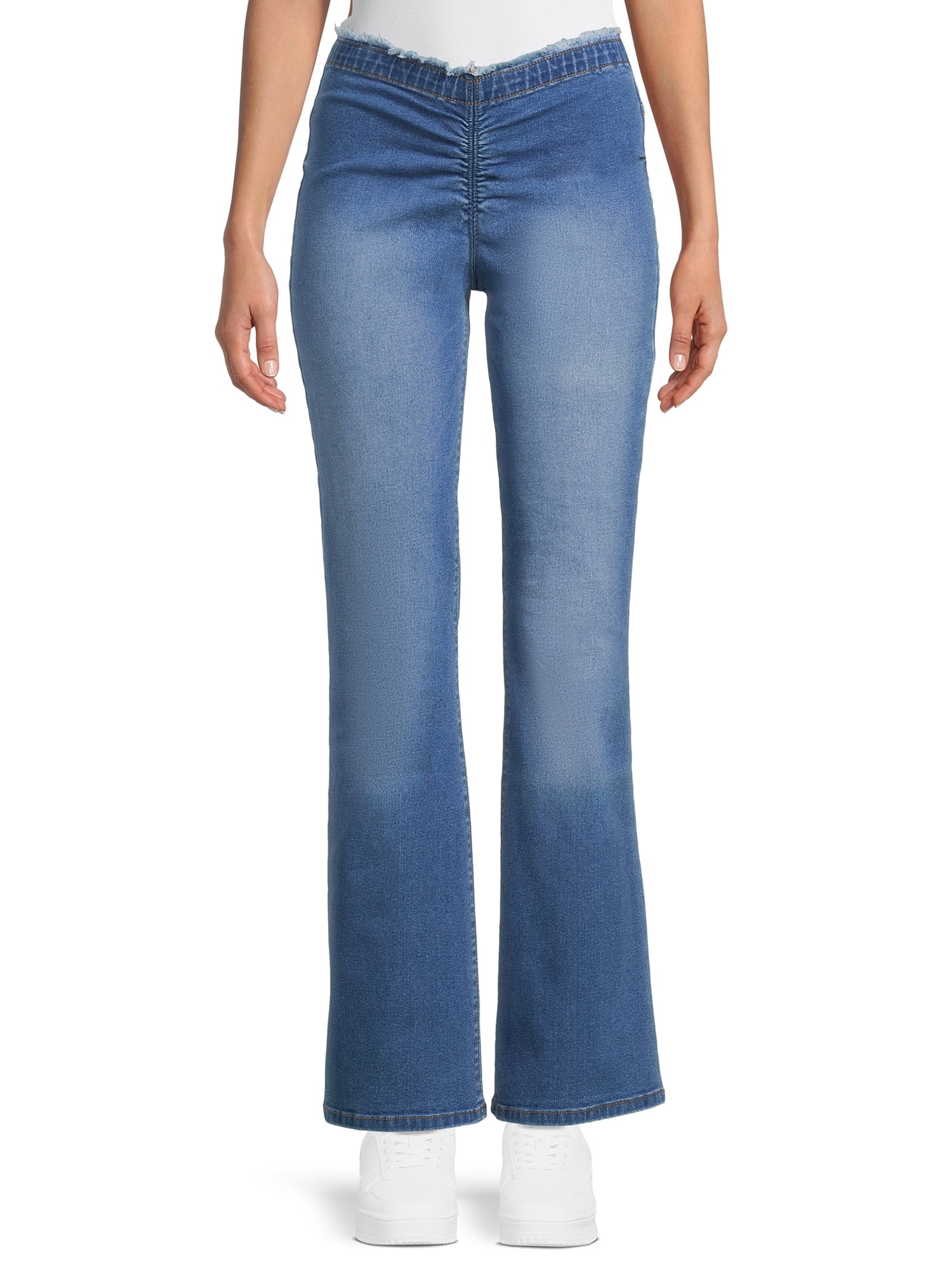 No Boundaries Juniors Ruched Flare Jeans with Frayed Waist and Retro ...