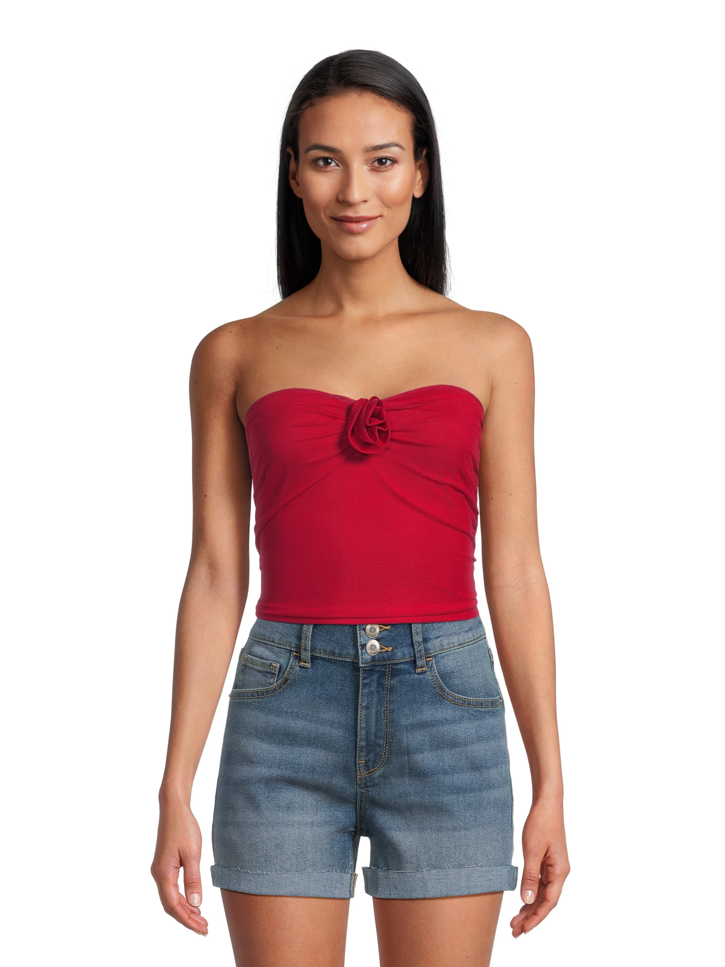 No Boundaries Red Strapless Rosette Ruched Tube Top (Women's) - Walmart.com